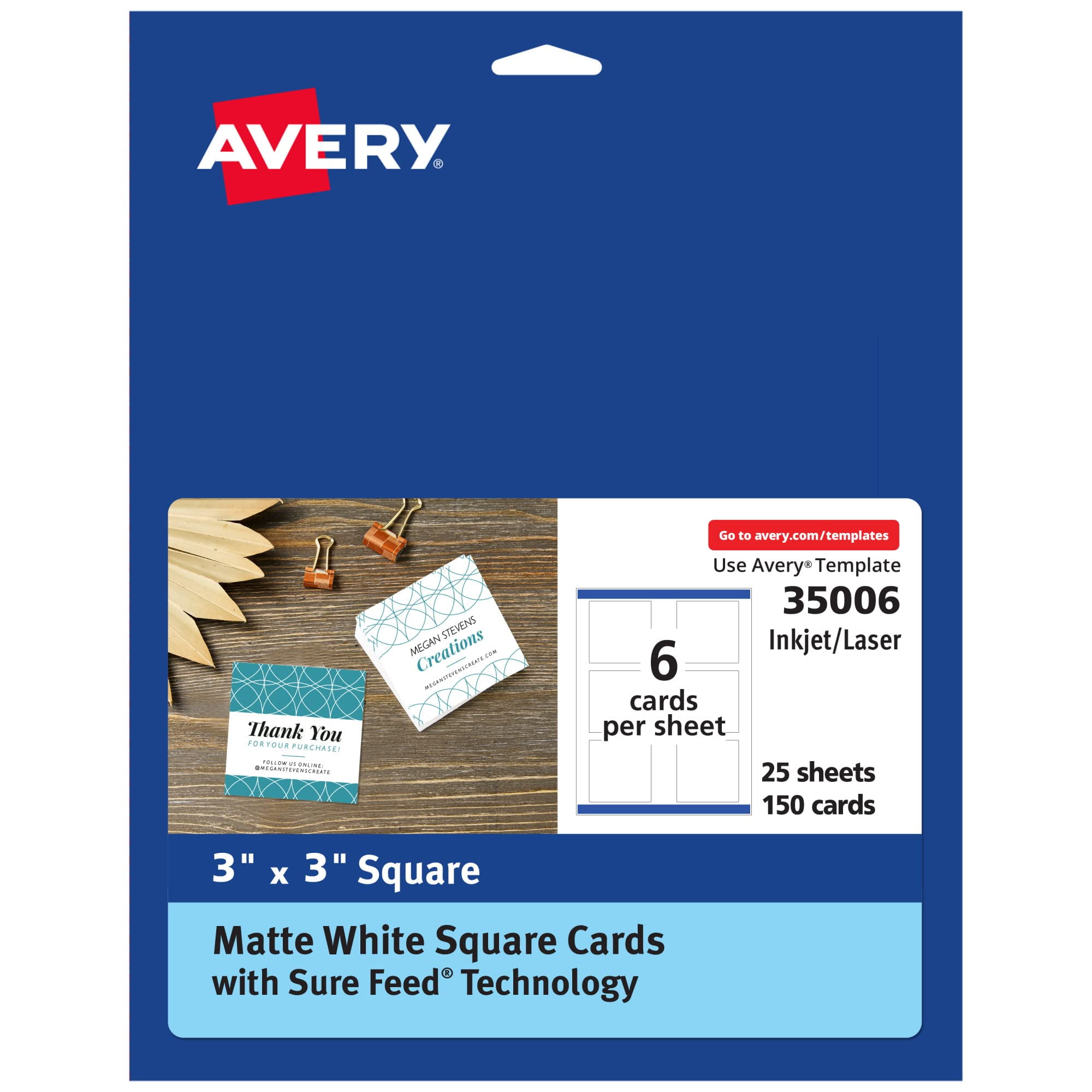 Avery Square Cards, Sure Feed Technology, 3" x 3", Matte White, 150 ...