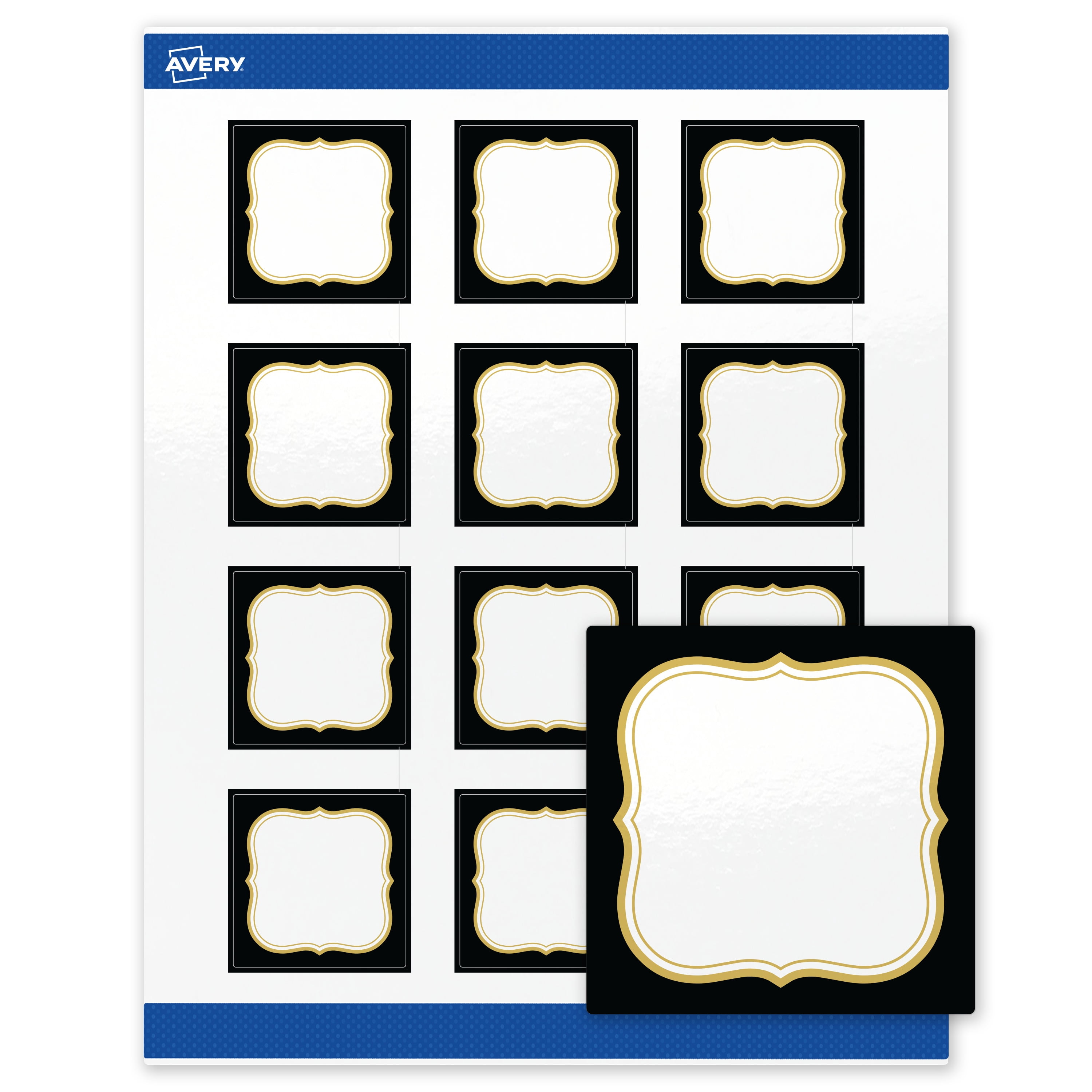 Avery Square Labels, 2" x 2", Black with Gold Flourish, Glossy ...