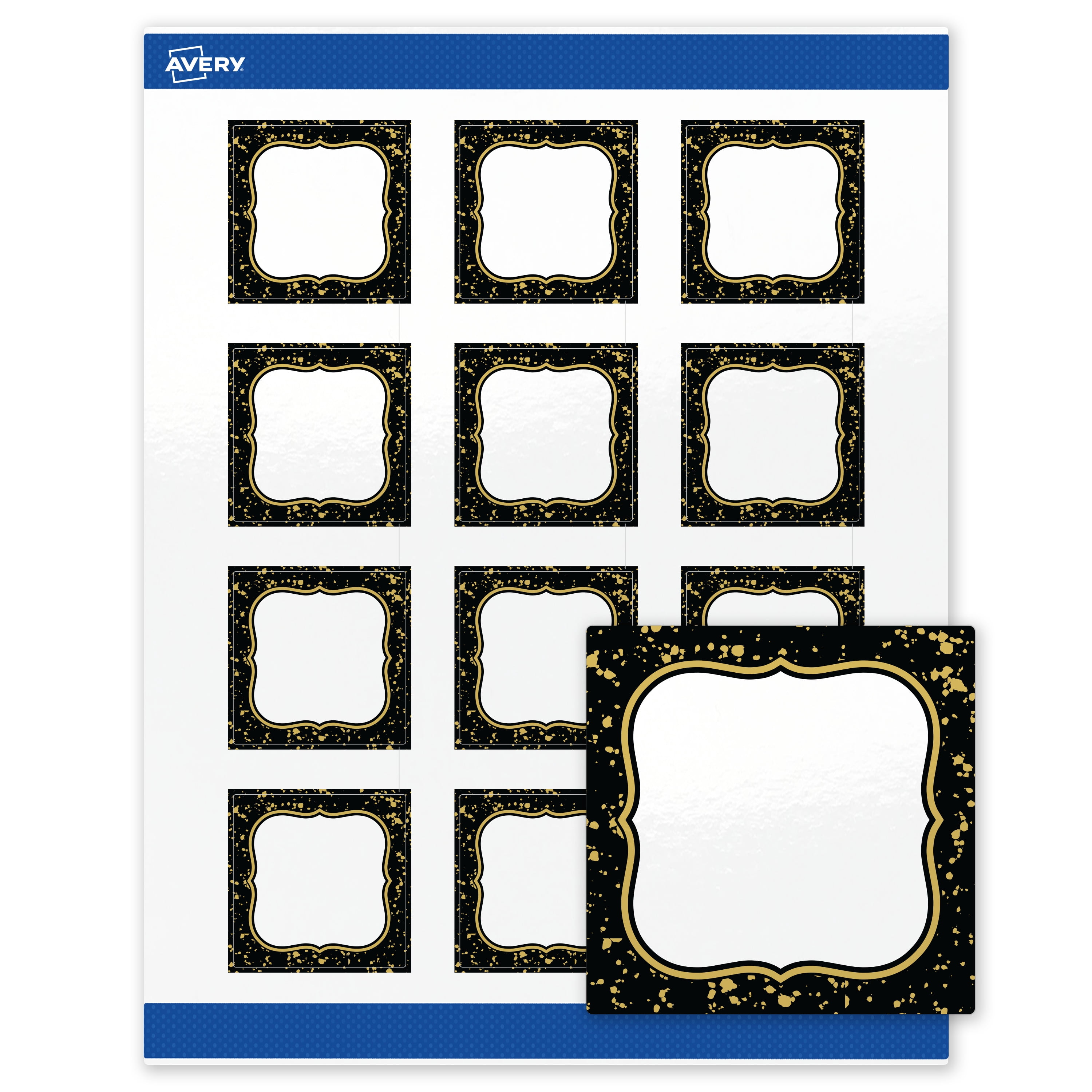 Avery Square Labels, 2" x 2", Black with Gold Specs Design, Glossy ...