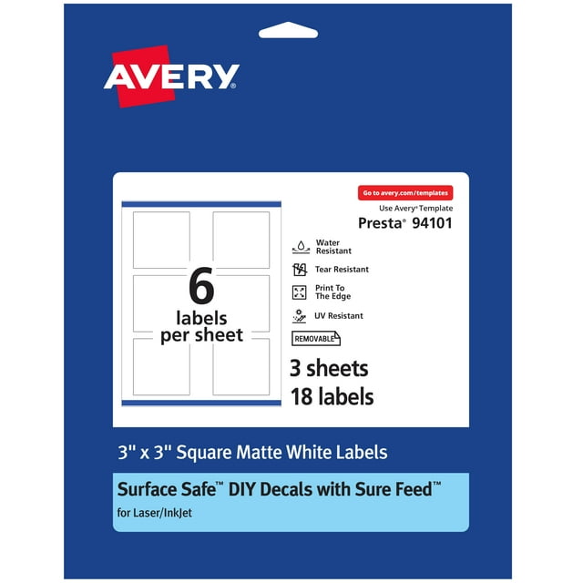 Avery Durable Removable Square Labels, 3" x 3", 18 Labels - Walmart.com
