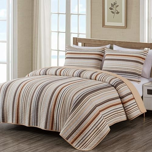 Avery Striped Cotton Quilt Set Oversized King Size, 3-Piece Soft Pre ...