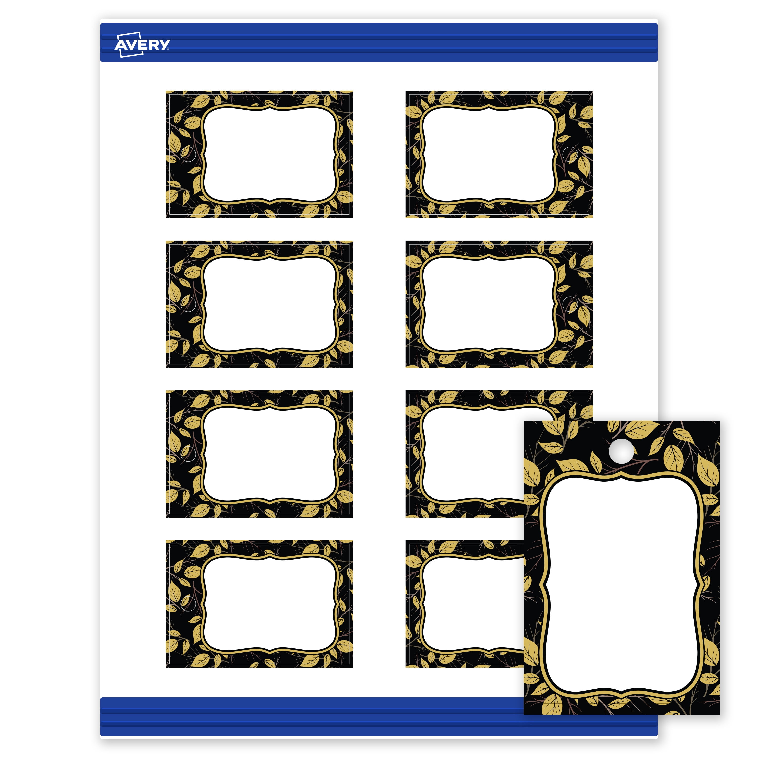 Avery Tags, 2" x 3", Black Flourish & Gold Leaves Design, Matte ...