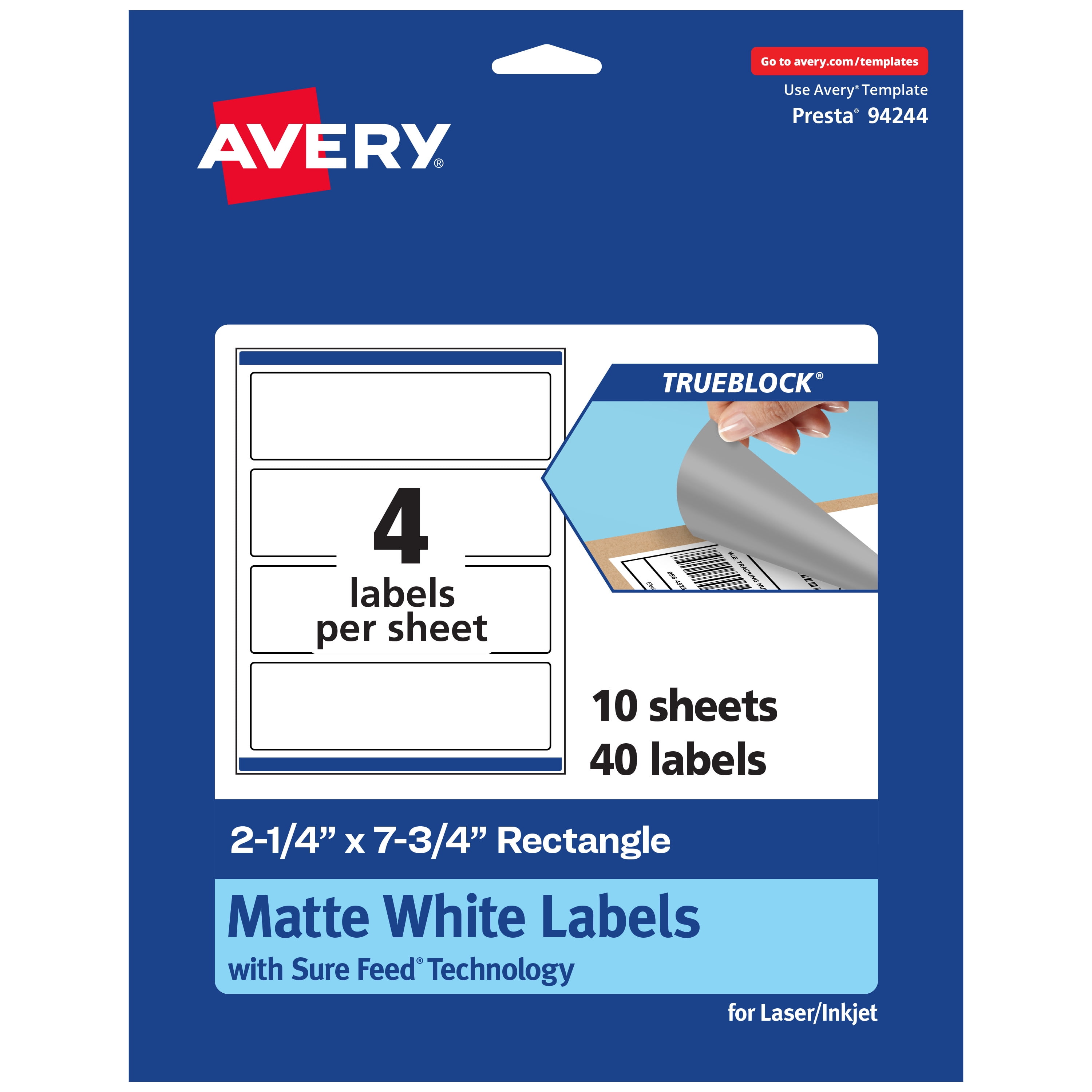 Avery TrueBlock Rectangle Labels, 2.25" x 7.75", 40ct - Walmart.com