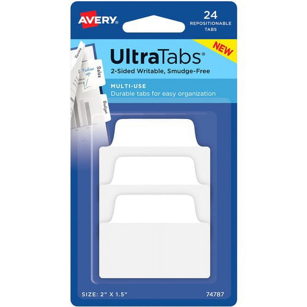 Avery® Ultra Tabs Repositionable Multi-Use Tabs - 24 Tab(s) - 8 Tab(s)/Set - Clear Film, White ...