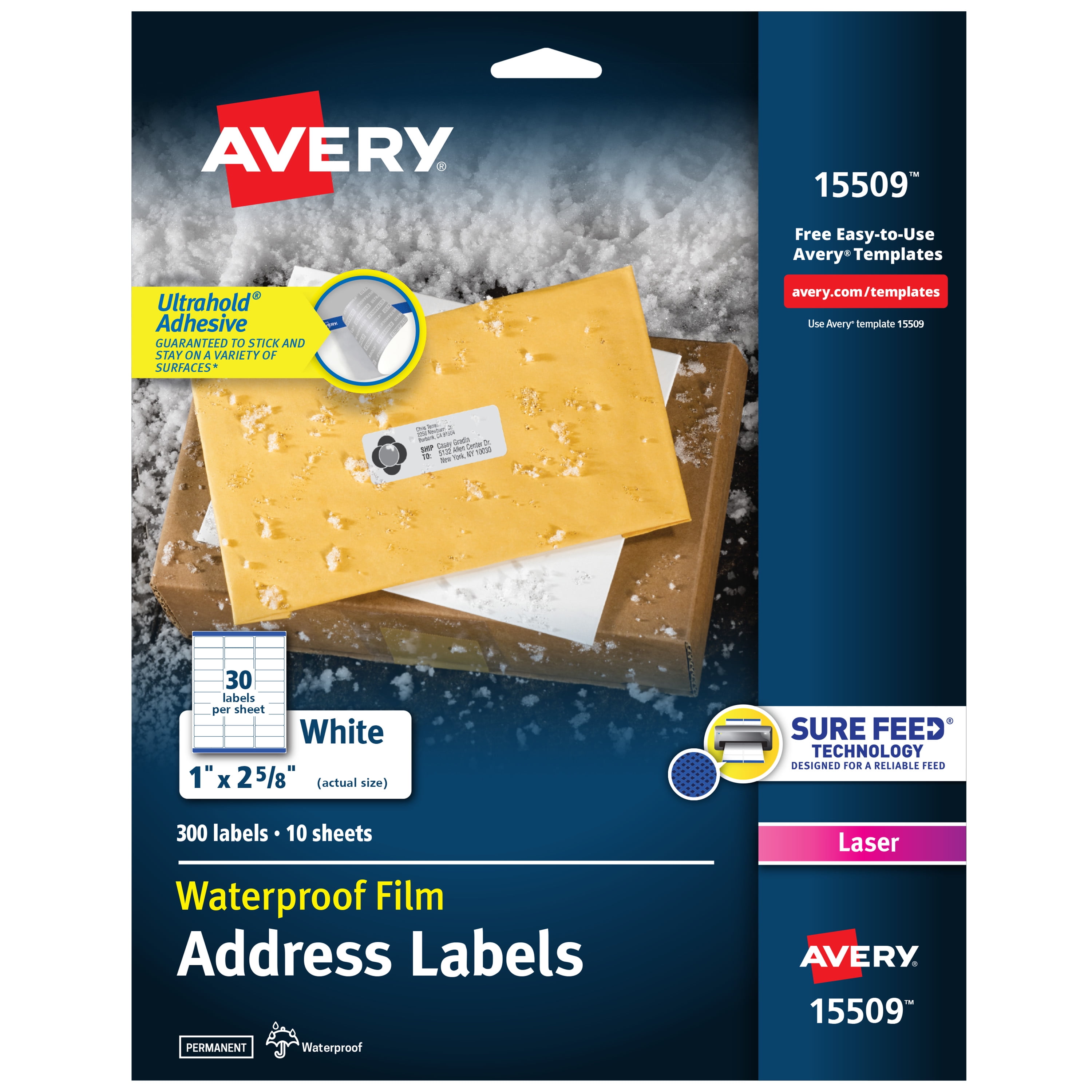 Avery Waterproof Address Labels, 1" x 2-5/8", 300 Labels (15509 ...