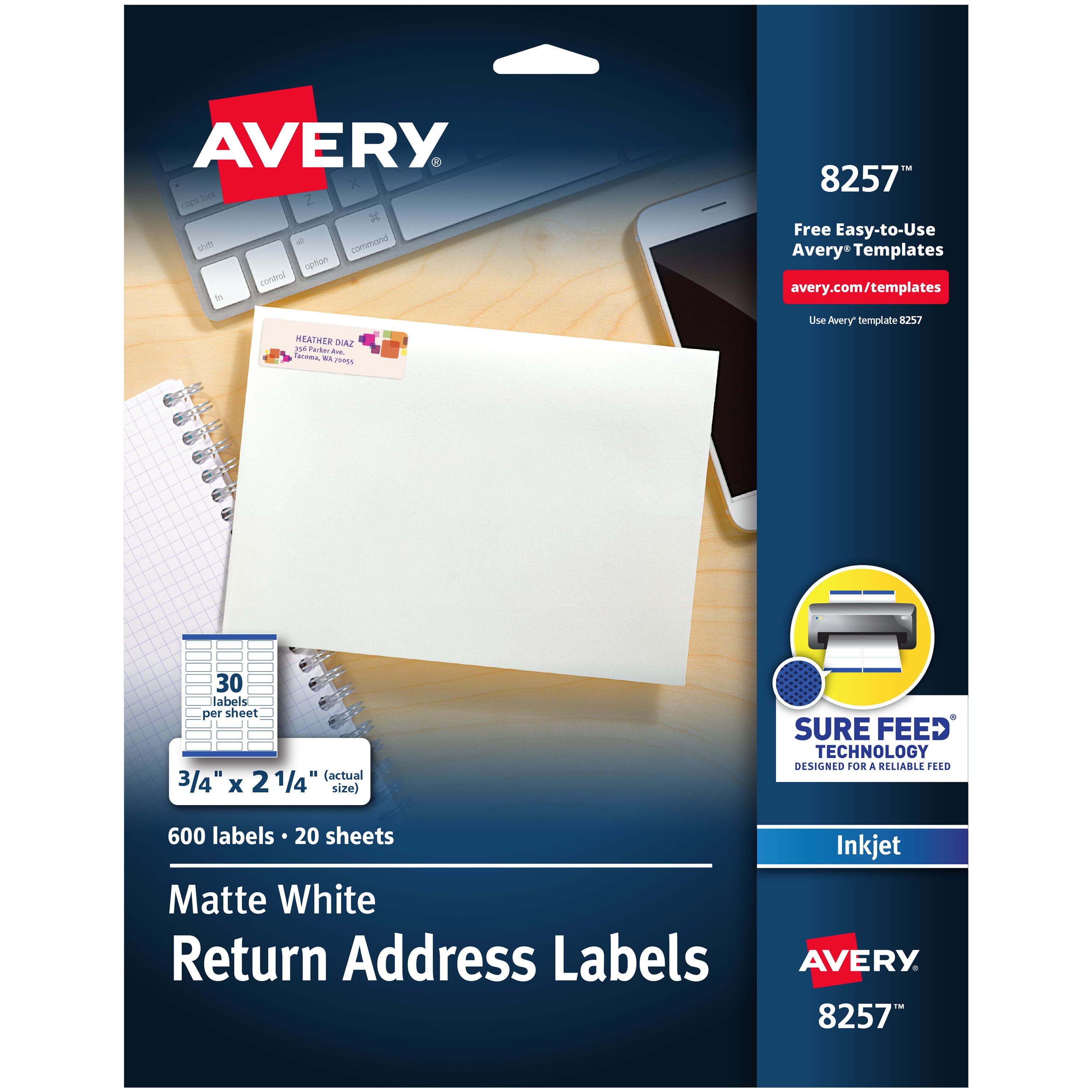 Avery White Return Address Labels, Sure Feed, 3/4" x 2-1/4", 600 Labels ...