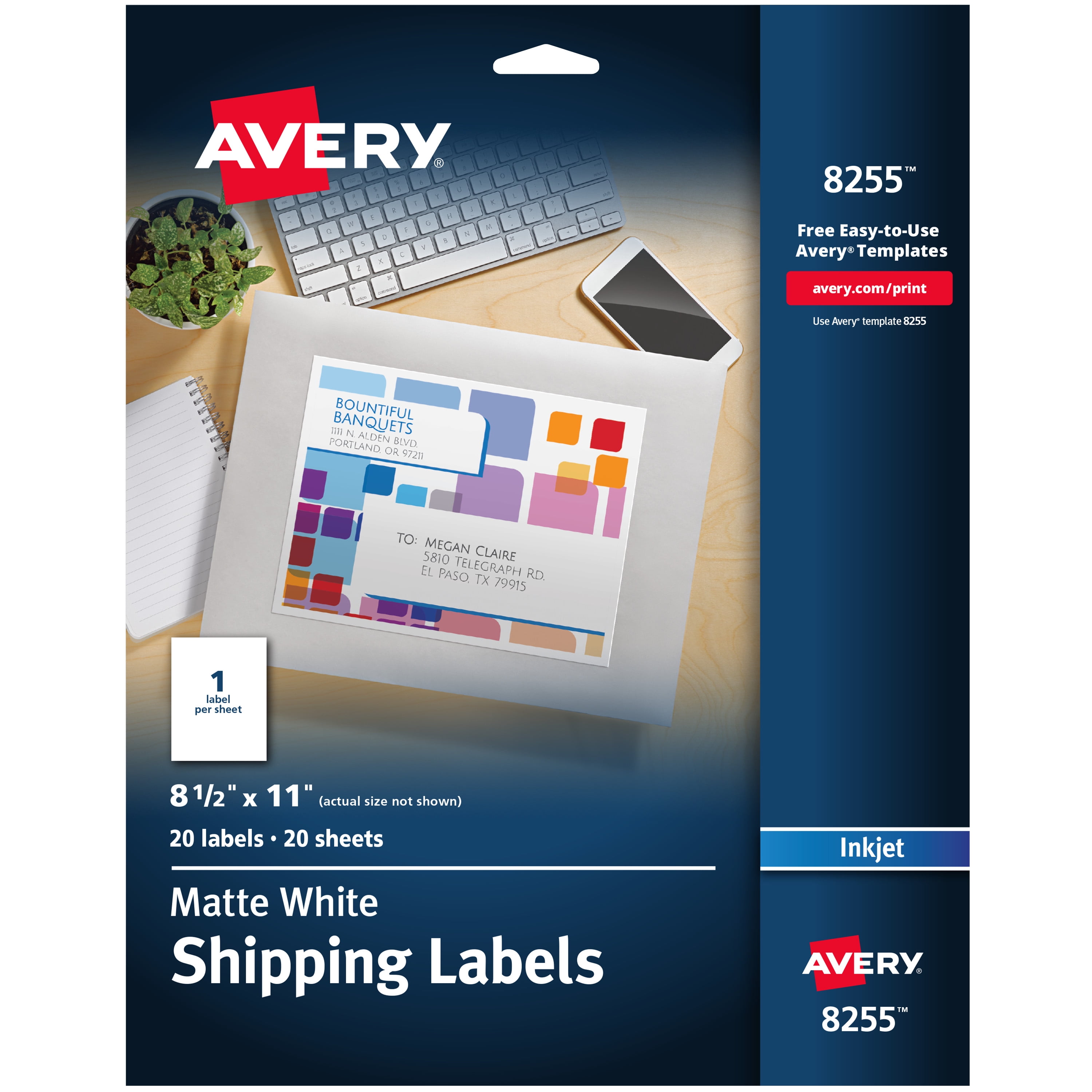 Avery Large Printer Full Size White Shipping Labels, 8-1/2" x 11", 20 ...