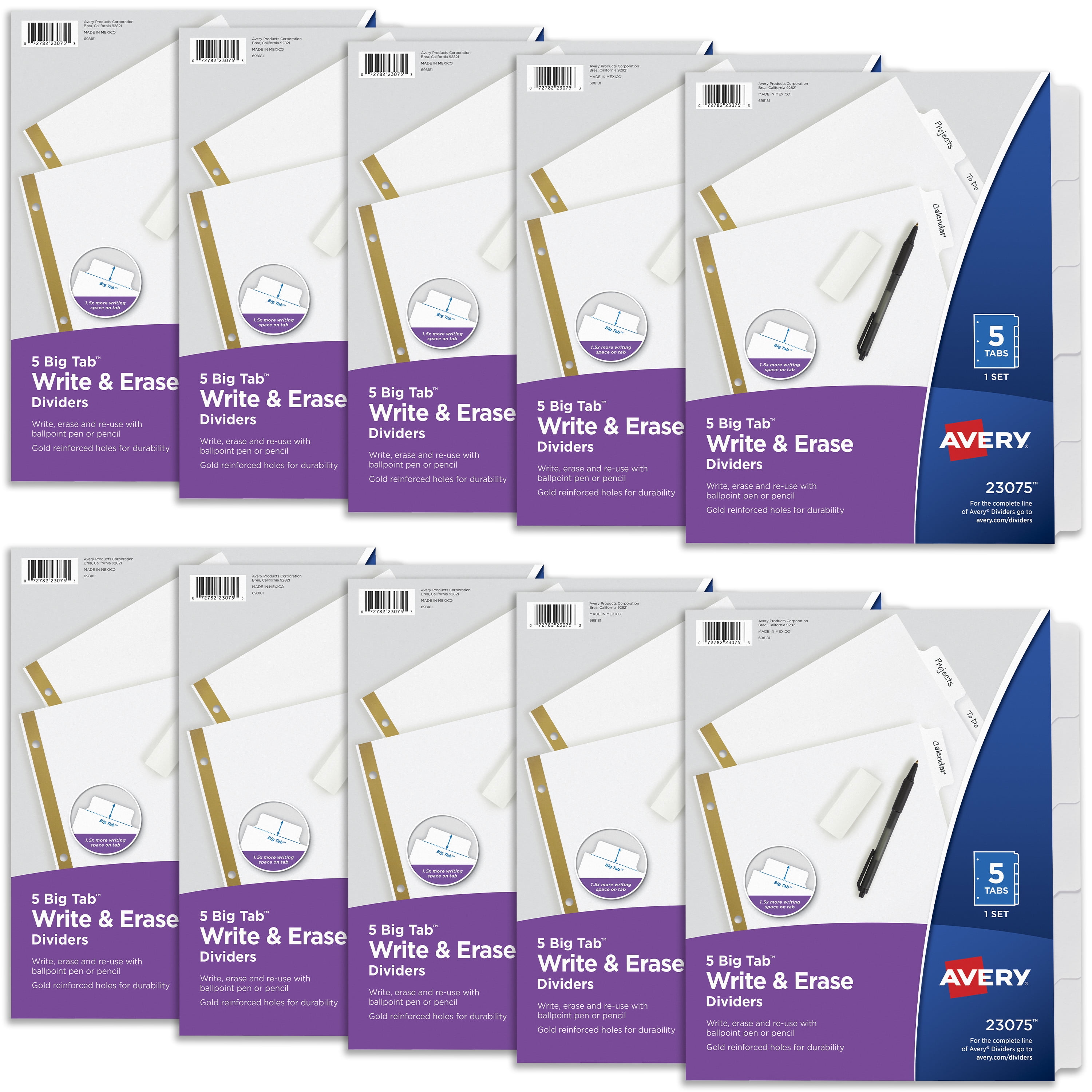 Avery Write & Erase Big Tab Paper Dividers for 3 Ring Binders 5 Tab Set ...