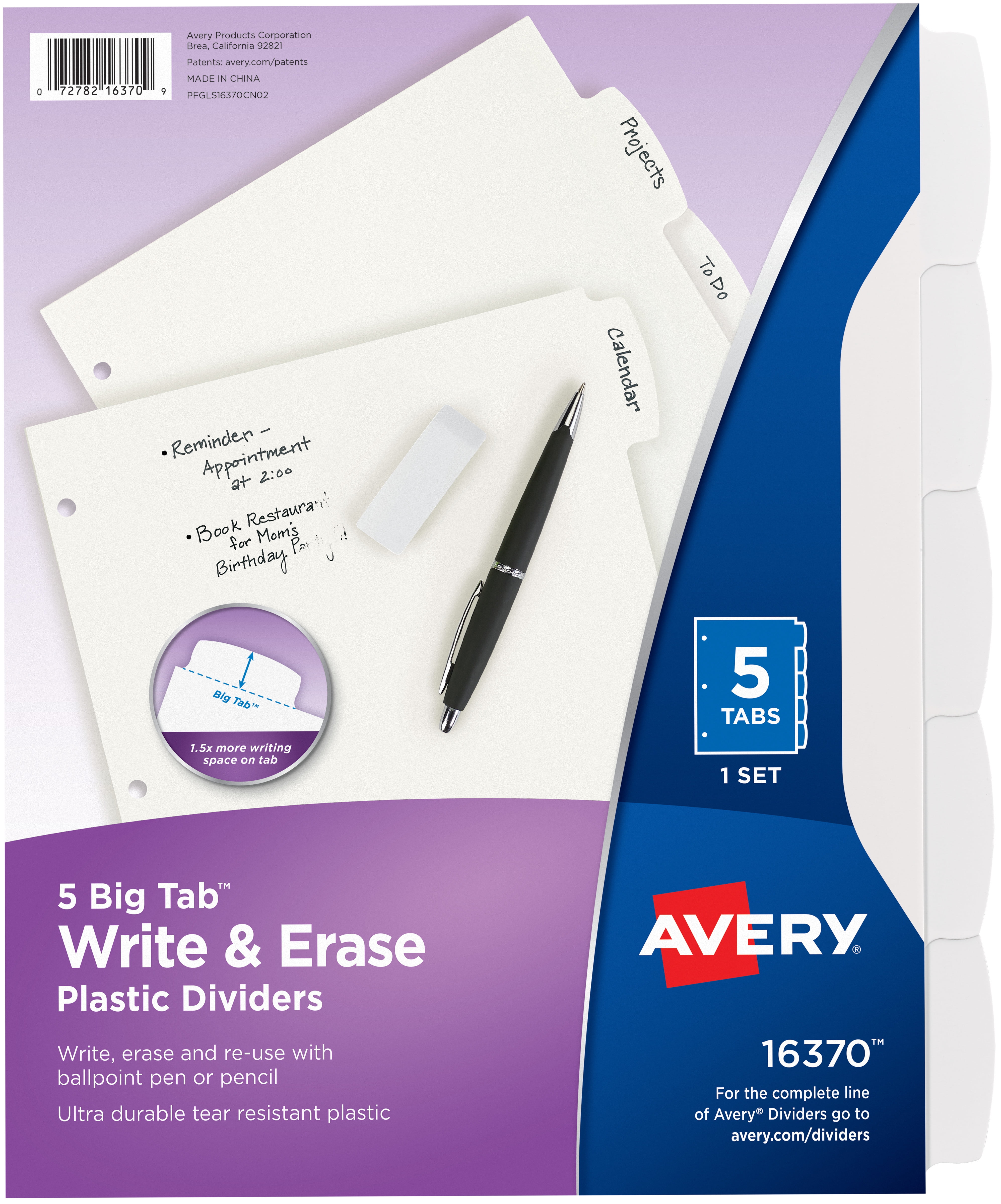 Avery Write & Erase Plastic Divider, White, Big Tab, 5-Tab (16370 ...