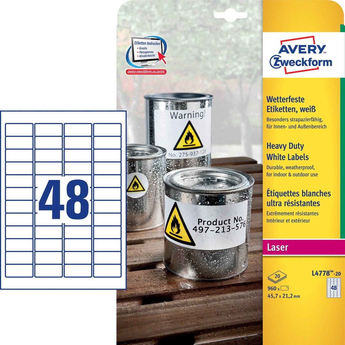 Avery Zweckform L4778 Weatherproof Film Labels A4/960 Labels 45.7 x 21. ...