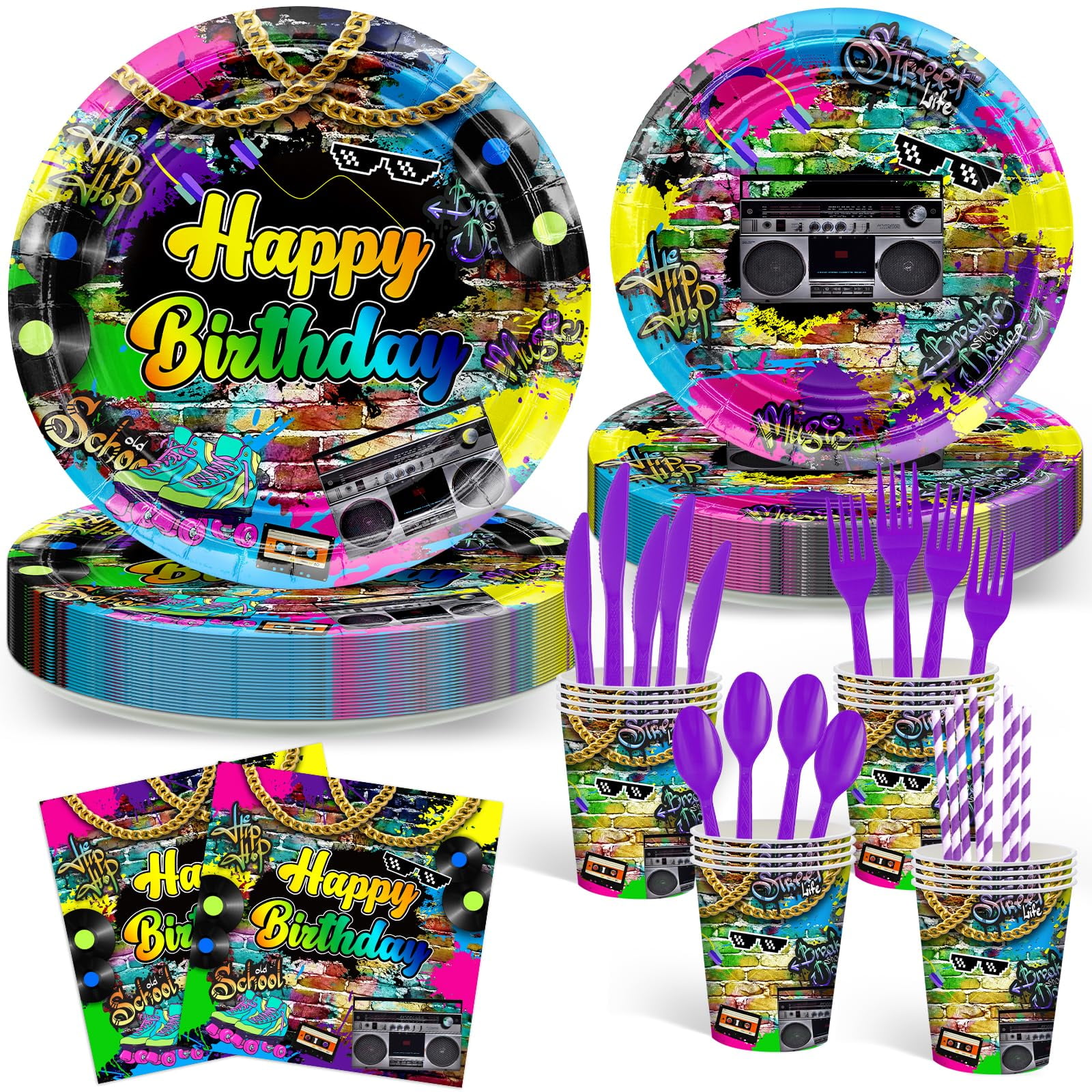 Avezano 192 Pcs 80’s MMF7 Party Tableware Set 80s Birthday Hip Hop ...
