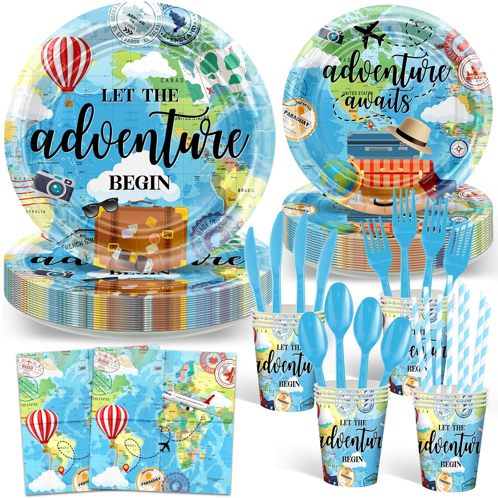 Avezano 192 Pcs Bon STF9 Voyage Party Decorations Travel Map Plates and ...