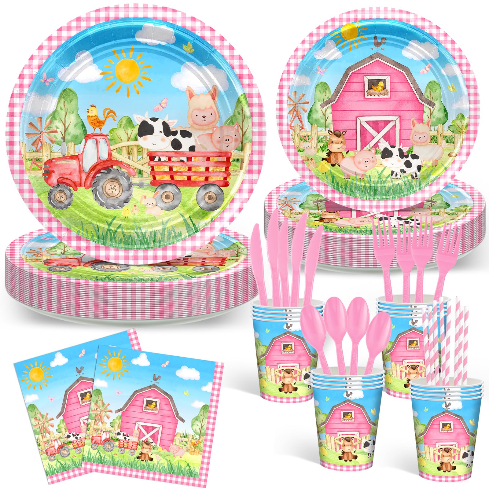 Avezano 192 Pcs Farm Birthday Party Supplies Tableware Pink Farm Animal ...