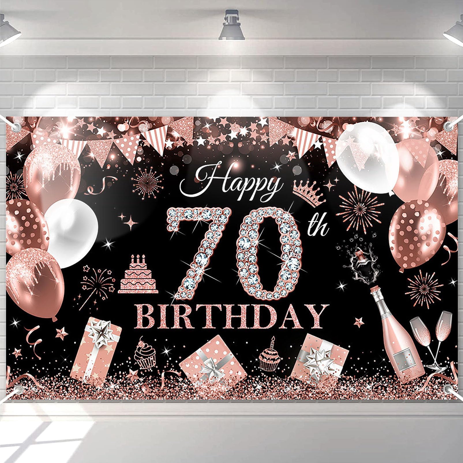 Avezano Happy 70th AJH3 Birthday Banner for Women Black and Rose Gold ...