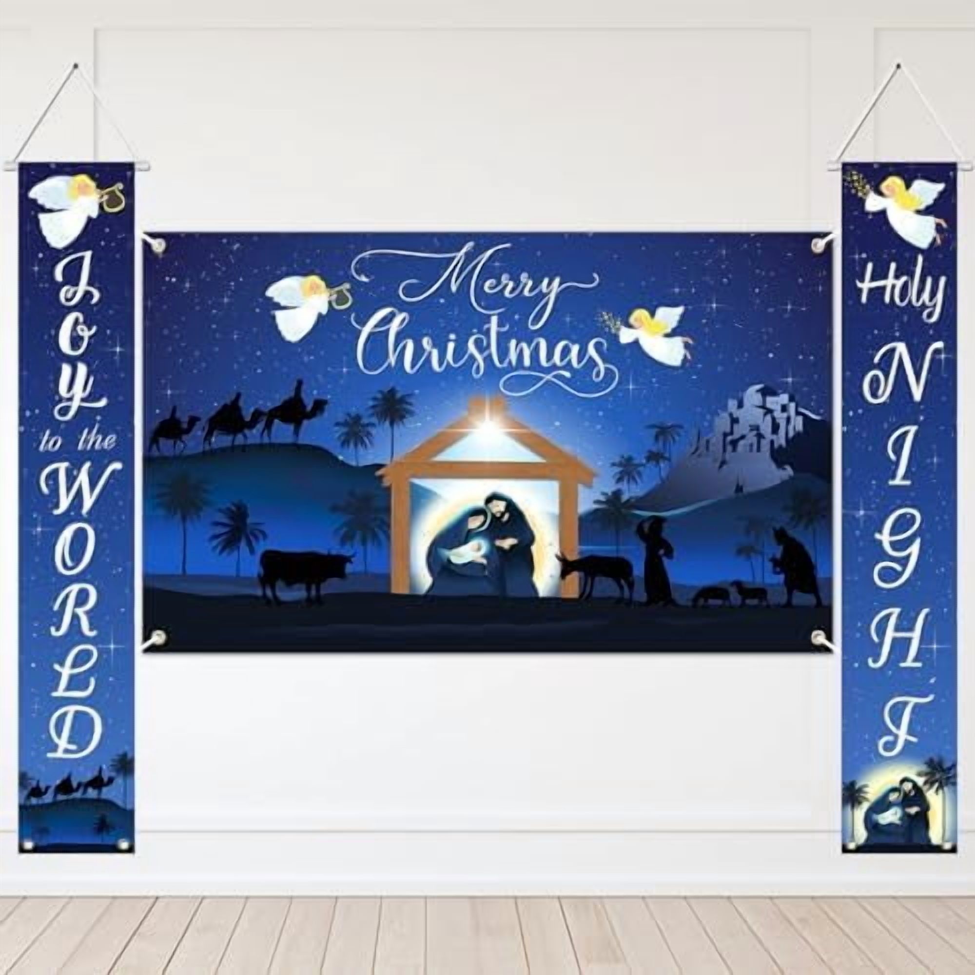 Avezano Religious Merry Christmas Banner Blue Nativity Scene Christmas ...