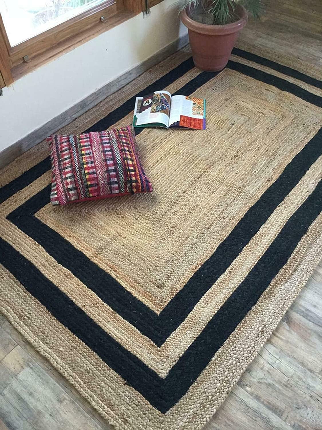 Avgari Creation Rectangle Rug Hand Braided Black Border Living Room ...