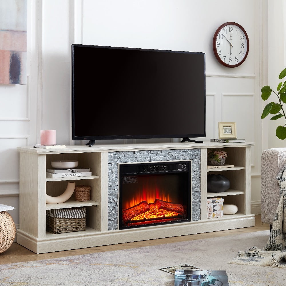Avger 70-inch TV Stand with Fireplace Insert, Faux Stacked Stone Media ...