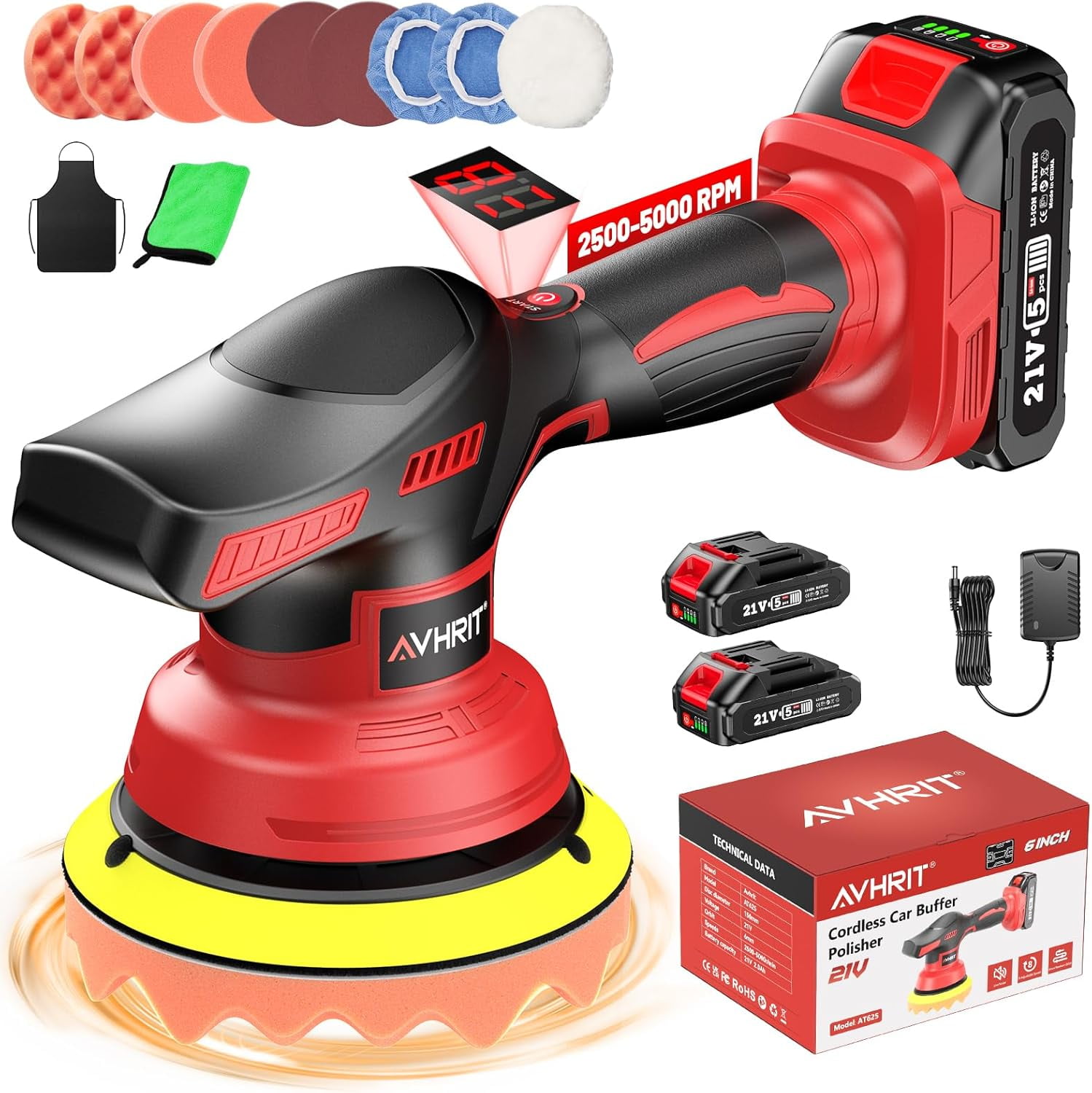 Avhrit 6" Cordless Car Buffer Polisher 2x2Ah 8 Variable Speed Car ...