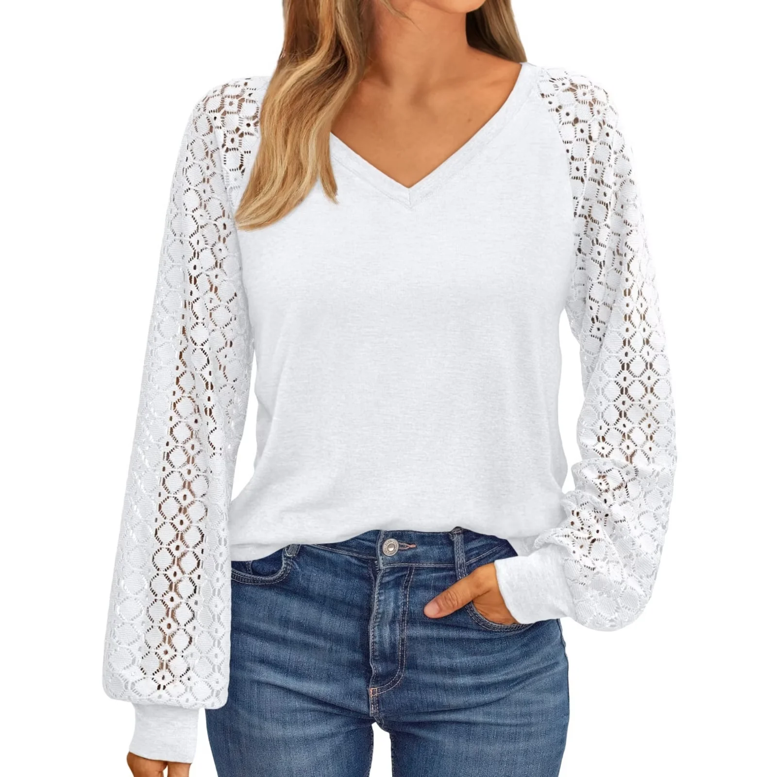 AviBest Womens Long Sleeve Shirts V-Neck Lace Tops Ladies New Fashion ...