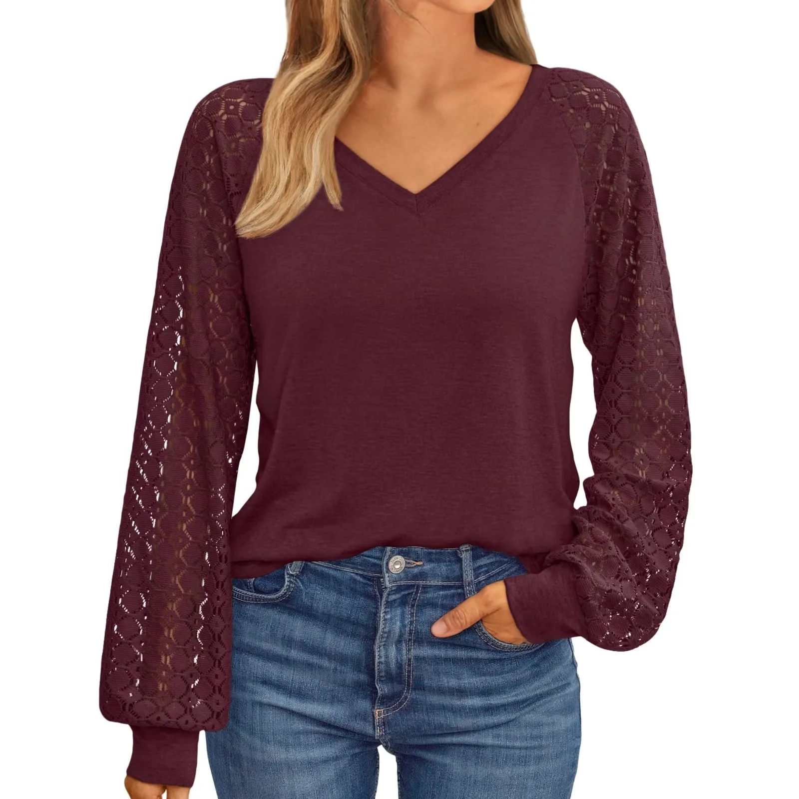 AviBest Womens Long Sleeve Shirts V-Neck Lace Tops Ladies New Fashion ...