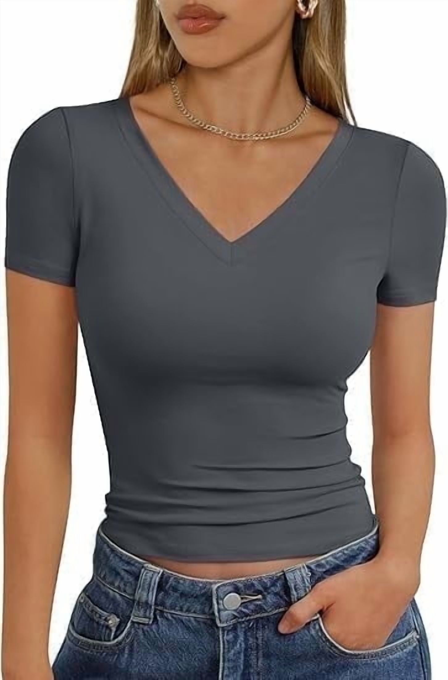 AviBest Womens V Neck Short Sleeve T Shirt Slim Fit Basic Tees Y2k ...