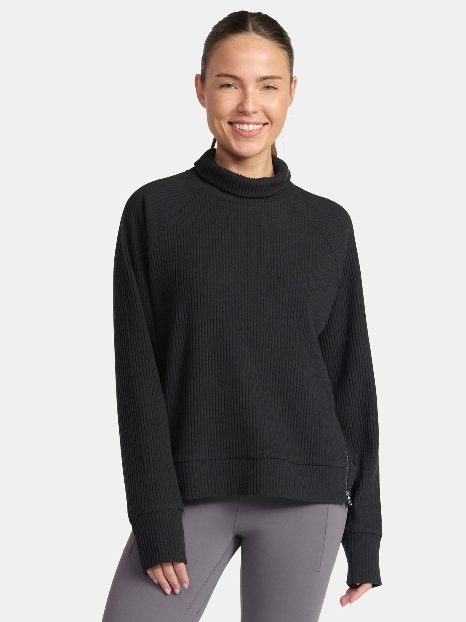 Avia Women's and Women's Plus Corded Polo Neck Pullover with Long ...