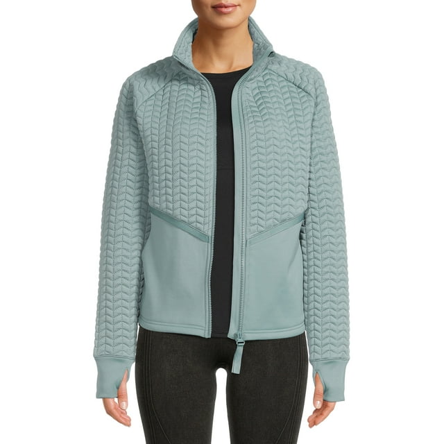 Avia Women's Full Zip Quilted Mixed Media Jacket With Thumbholes ...