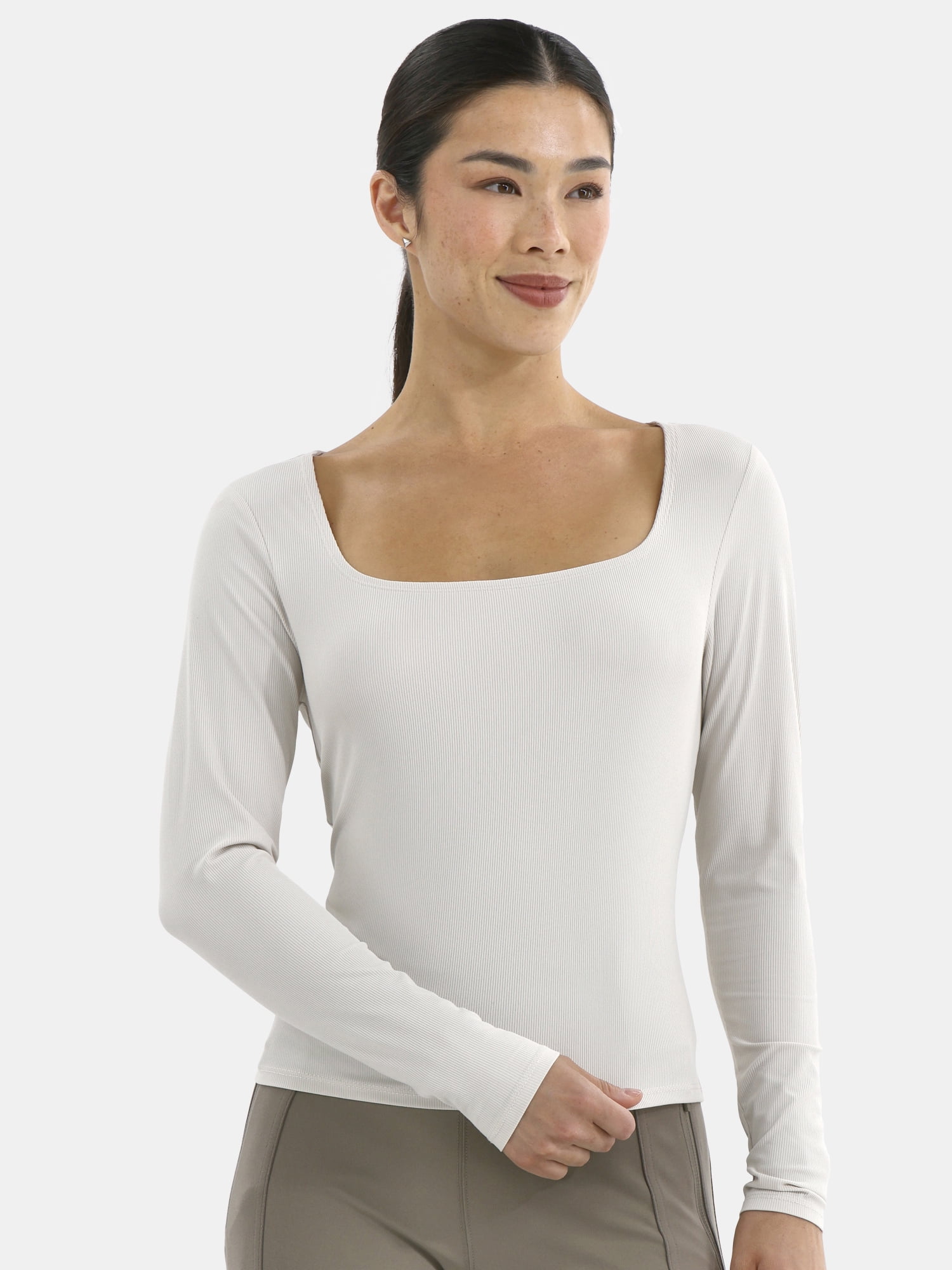 Avia Women's Square Neck Ribbed Long Sleeve Top, Sizes XS-XXXL ...