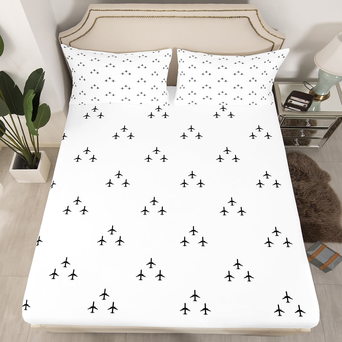 Aviation Aircraft Queen Bed Sheets,Black and White Airplane Bedding Set ...