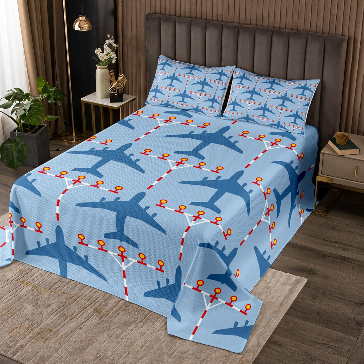 Aviation Aircraft Quilt Set Airplane Silhouette King Bedspread Set for ...