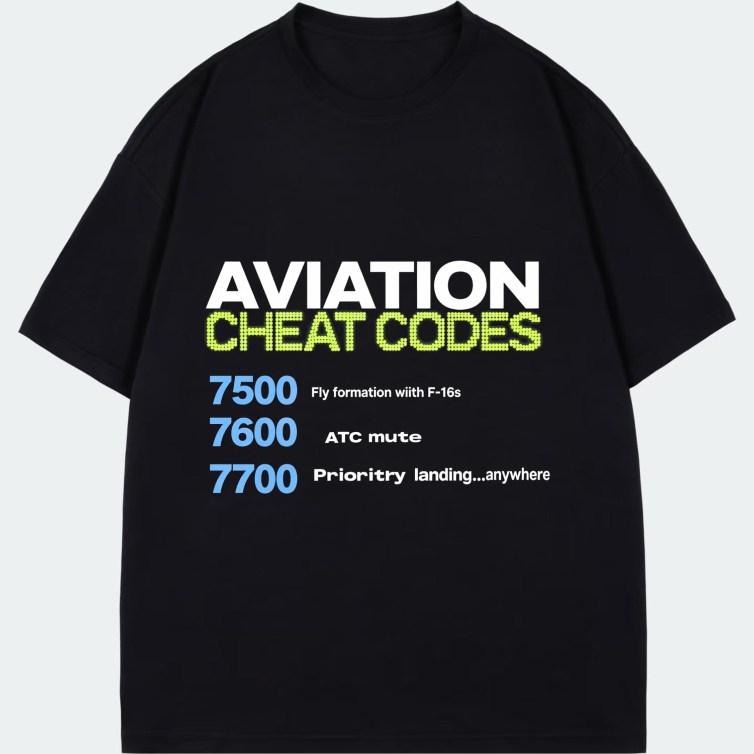 Aviation Cheat Codes T-Shirt Black Flight Frequency Numbers And ...