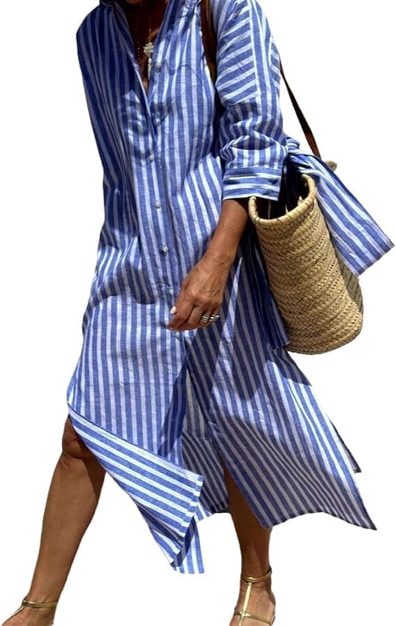 Aviationp Classic Striped Lace-Up Shirt Dress, Aviation Dress, Lapel 3/ ...