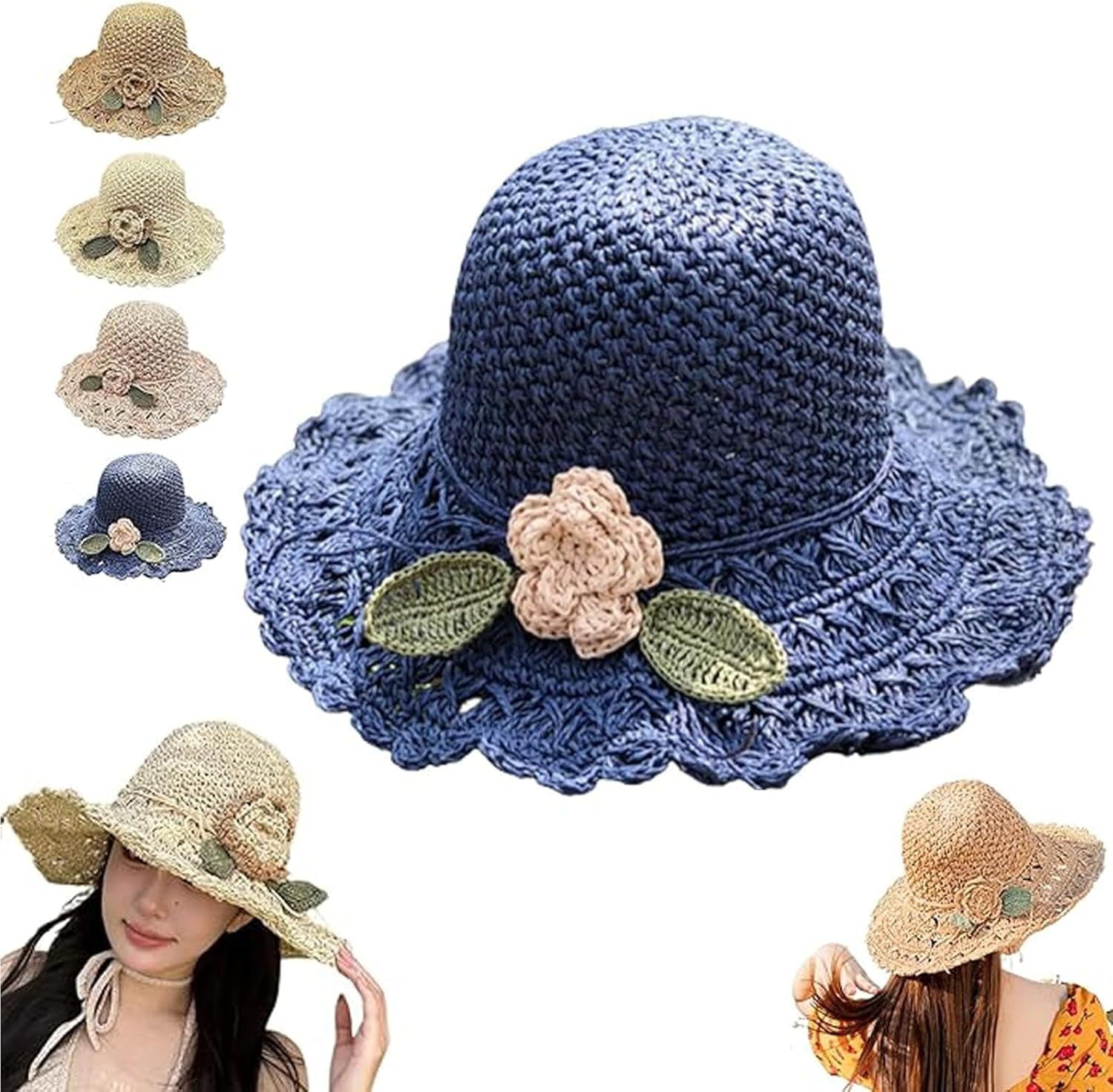 Aviationp Elegant Crochet Straw Hat with Ruffle Detail, Summer Beach Sun Protection Hand-Woven ...