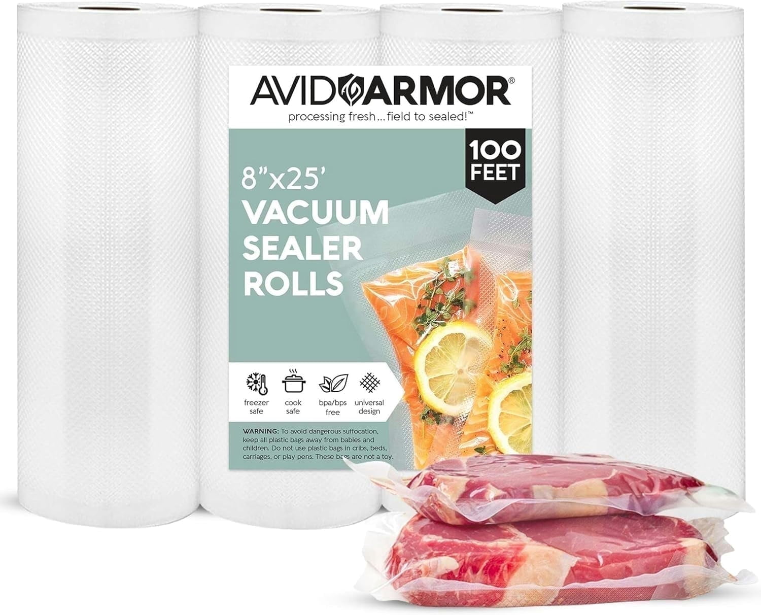 Avid Armor Vacuum Seal Bags, 8"x25', 4 Food Saver Rolls, 100ft Heat ...