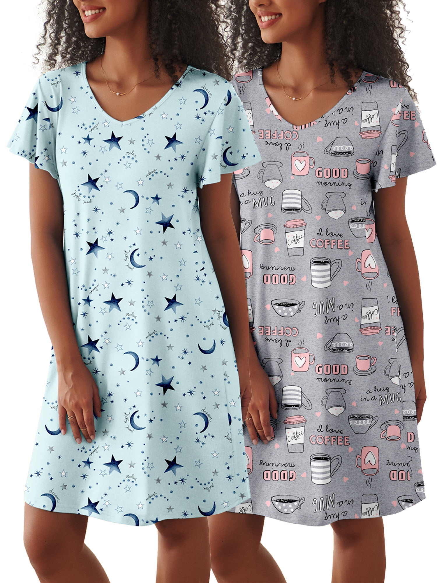 Avidlove Women Nightgown Sleepwear, 2 Pack Short Flutter Sleeve Pajama ...