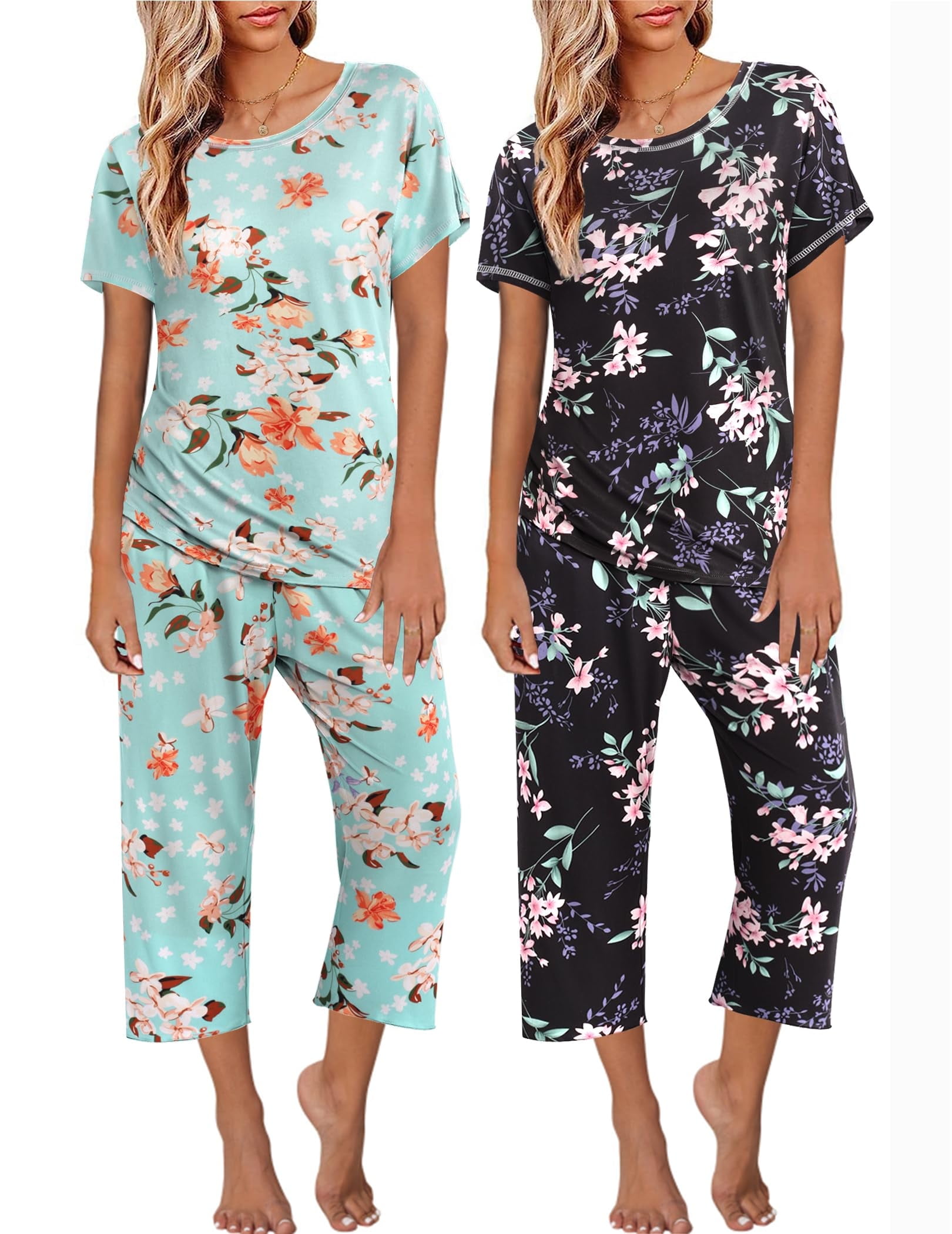 Avidlove 2 Pack Womens Pajamas Sets Short Sleeve Pj Tops and Capri ...