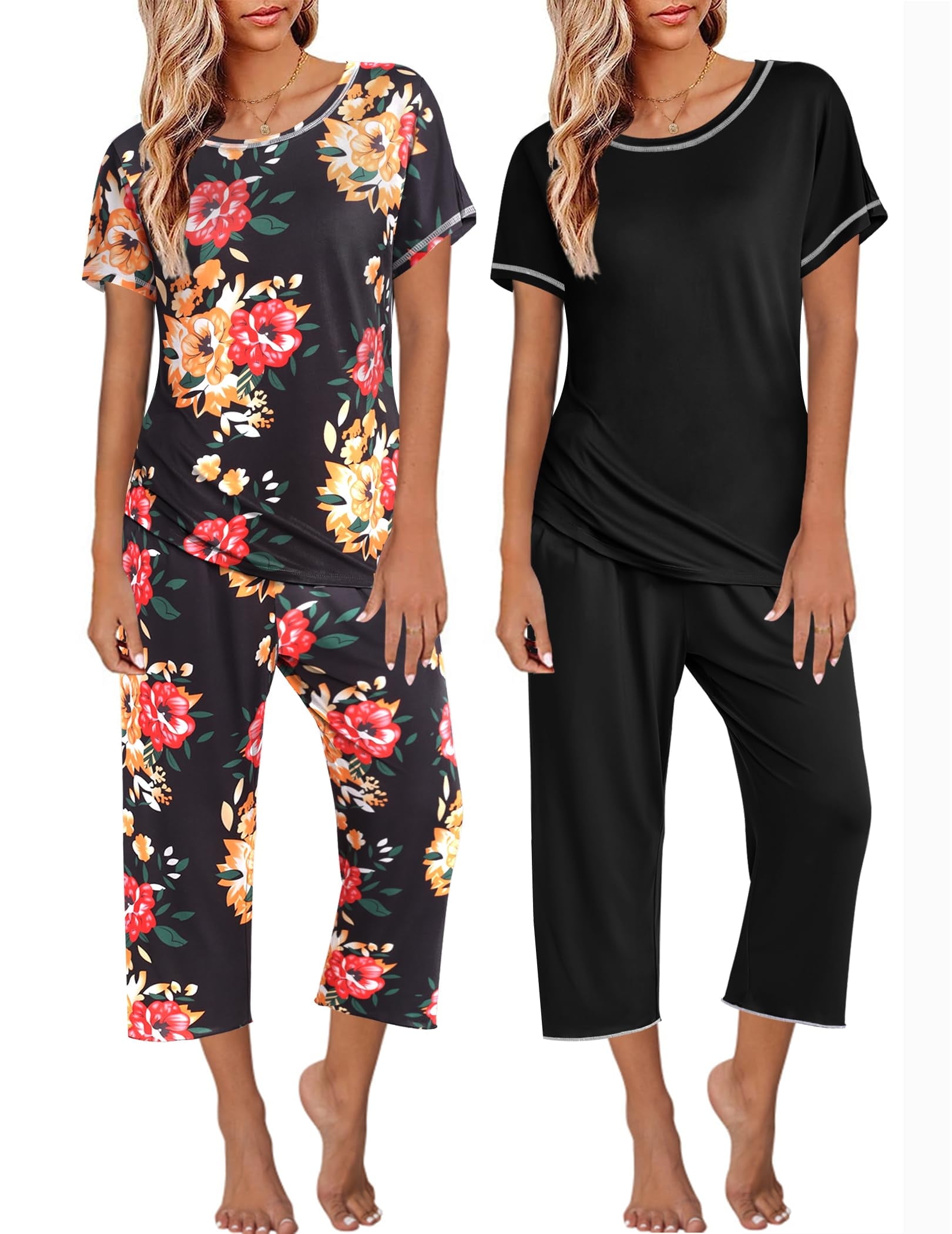 Avidlove 2 Pack Womens Pajamas Sets Short Sleeve Pj Tops and Capri ...