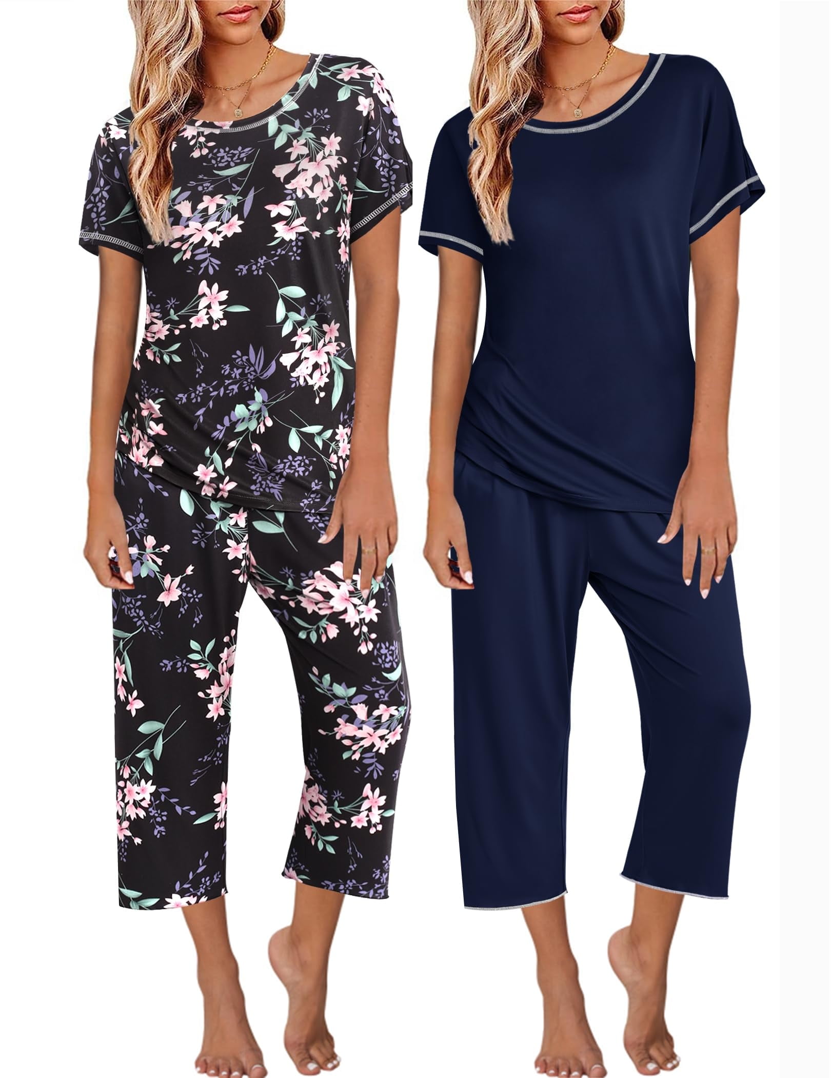 Avidlove 2 Pack Womens Pajamas Sets Short Sleeve Pj Tops and Capri ...