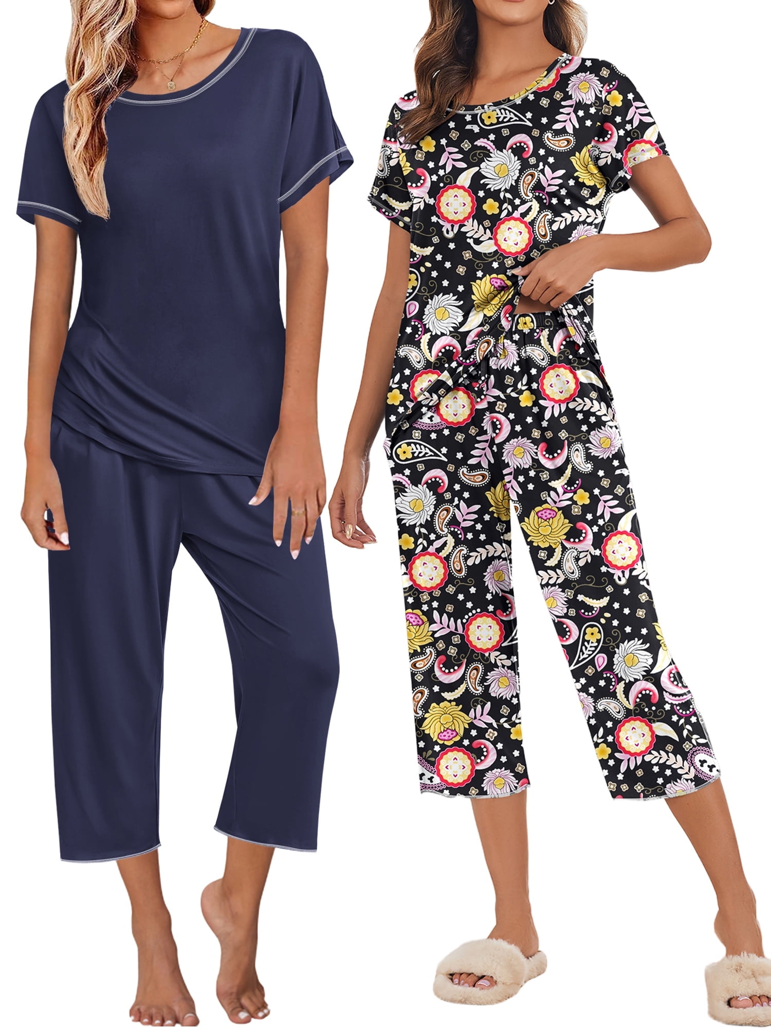 Avidlove 2 Pack Womens Pajamas Sets Short Sleeve Pj Tops and Capri ...