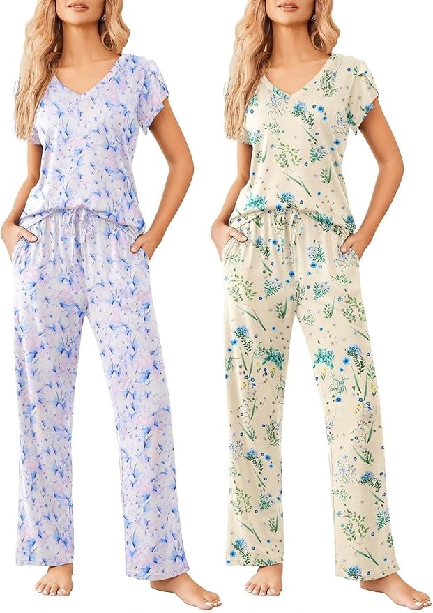 Avidlove 2 Pack Womens Pajamas Short Sleeve Sleepwear Top with Pants ...