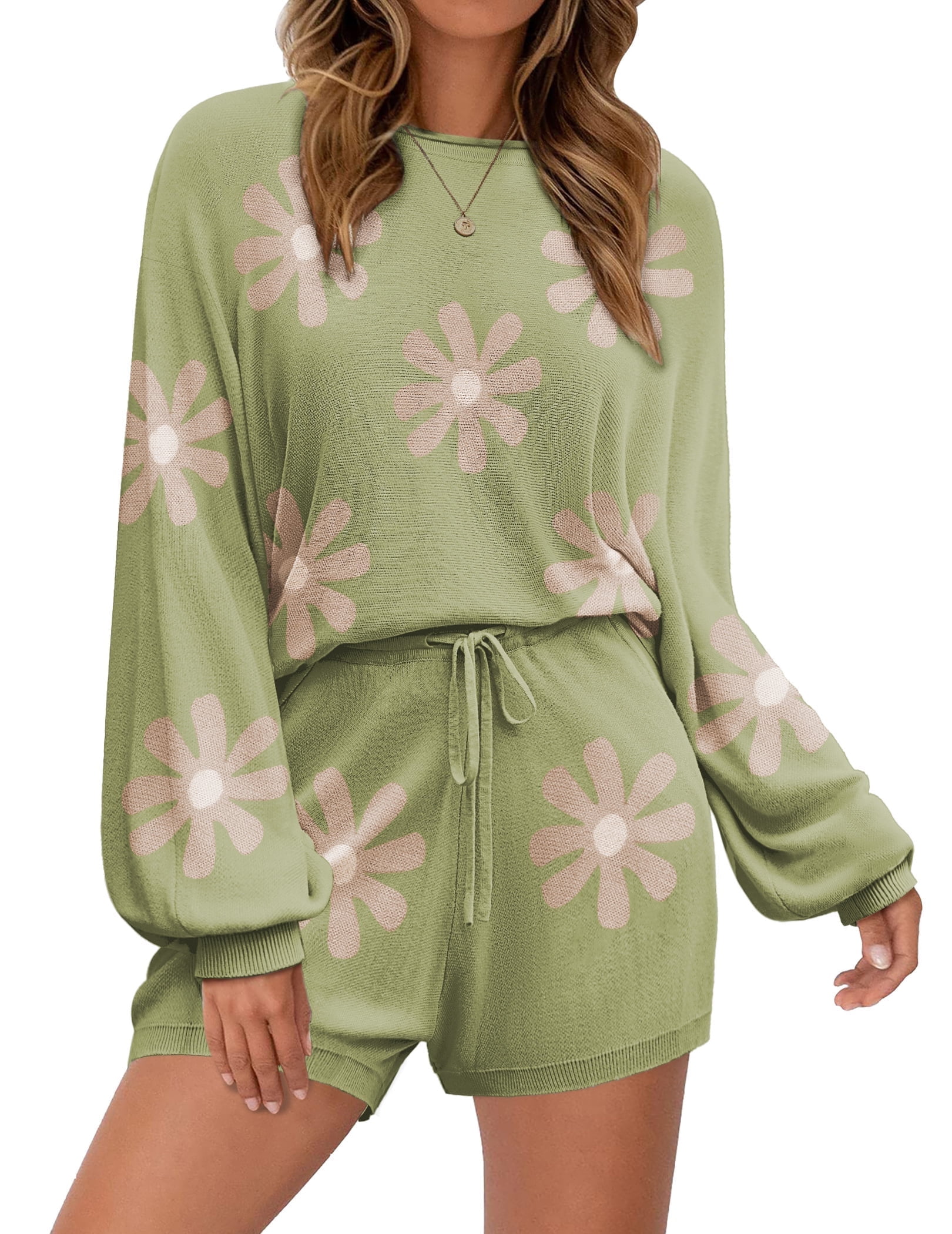 Avidlove Knit Pajama Set for Women Long Sleeve Floral Tops and Shorts ...