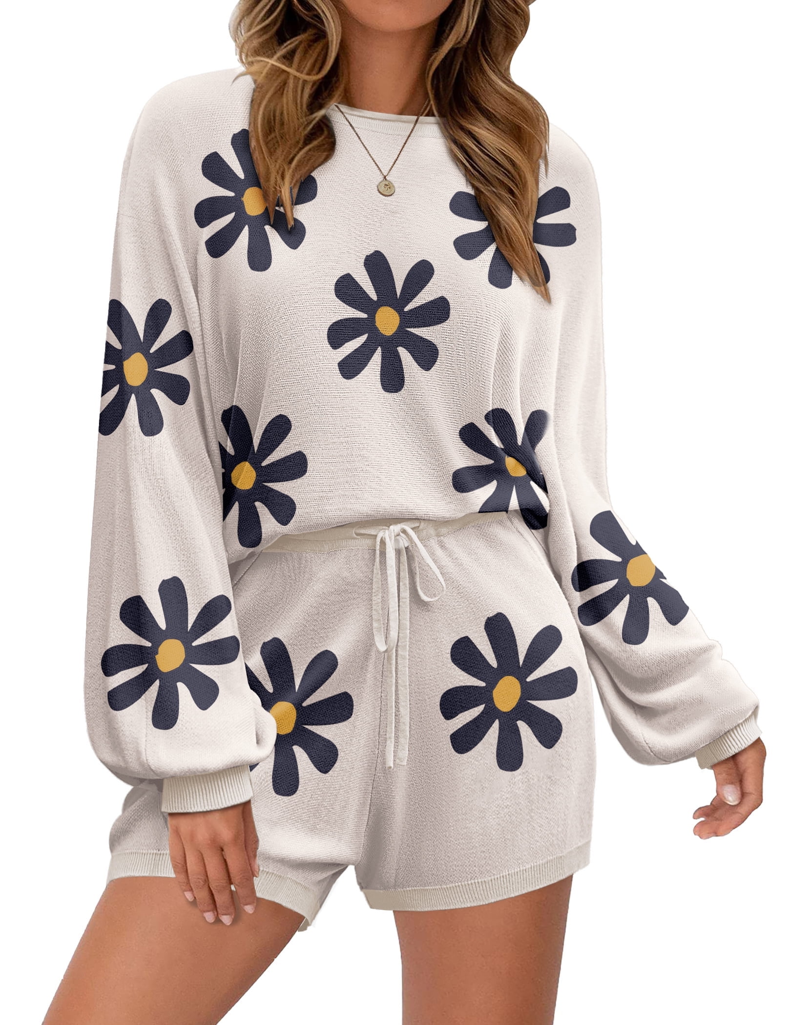 Avidlove Knit Pajama Set for Women Long Sleeve Floral Tops and Shorts ...