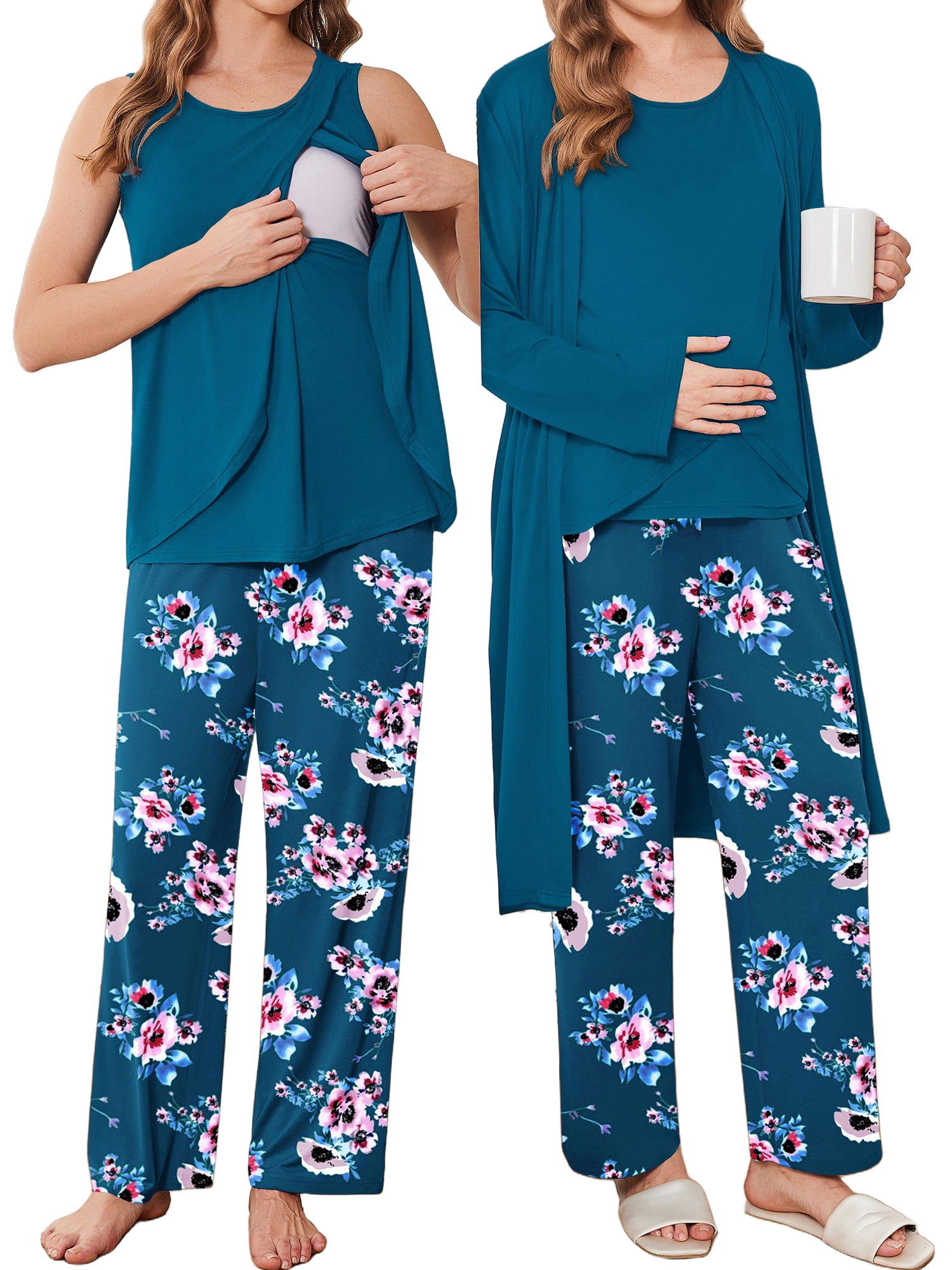 Avidlove Maternity Pajamas and Robe Set 3 Piece Double Layer Sleeveless ...