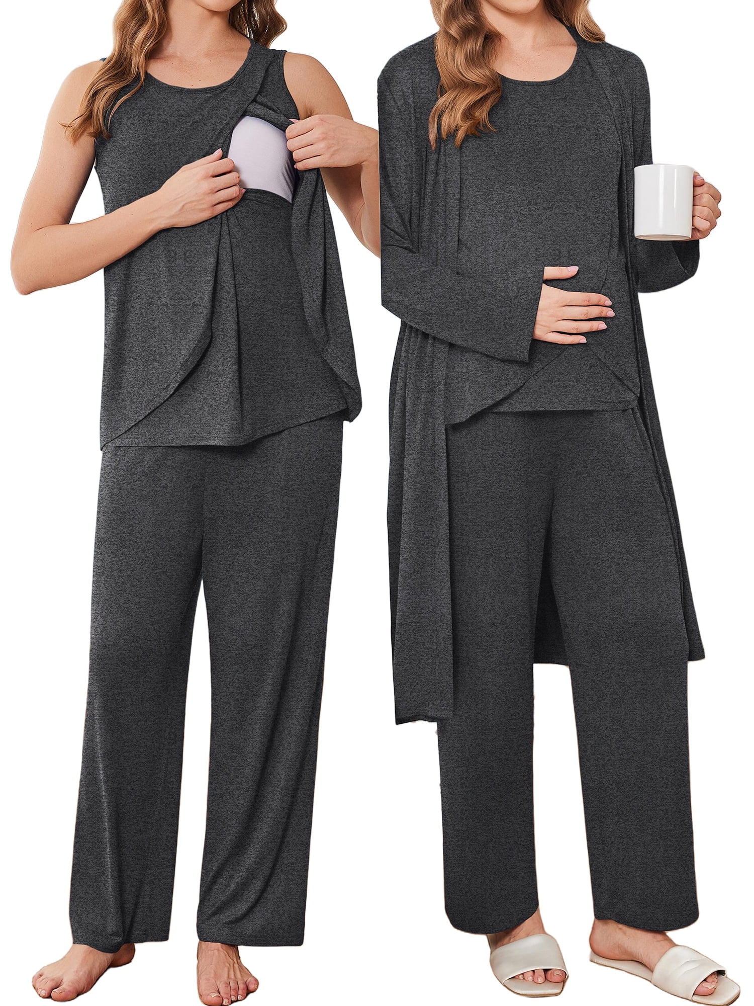 Avidlove Maternity Pajamas and Robe Set 3 Piece Double Layer Sleeveless ...