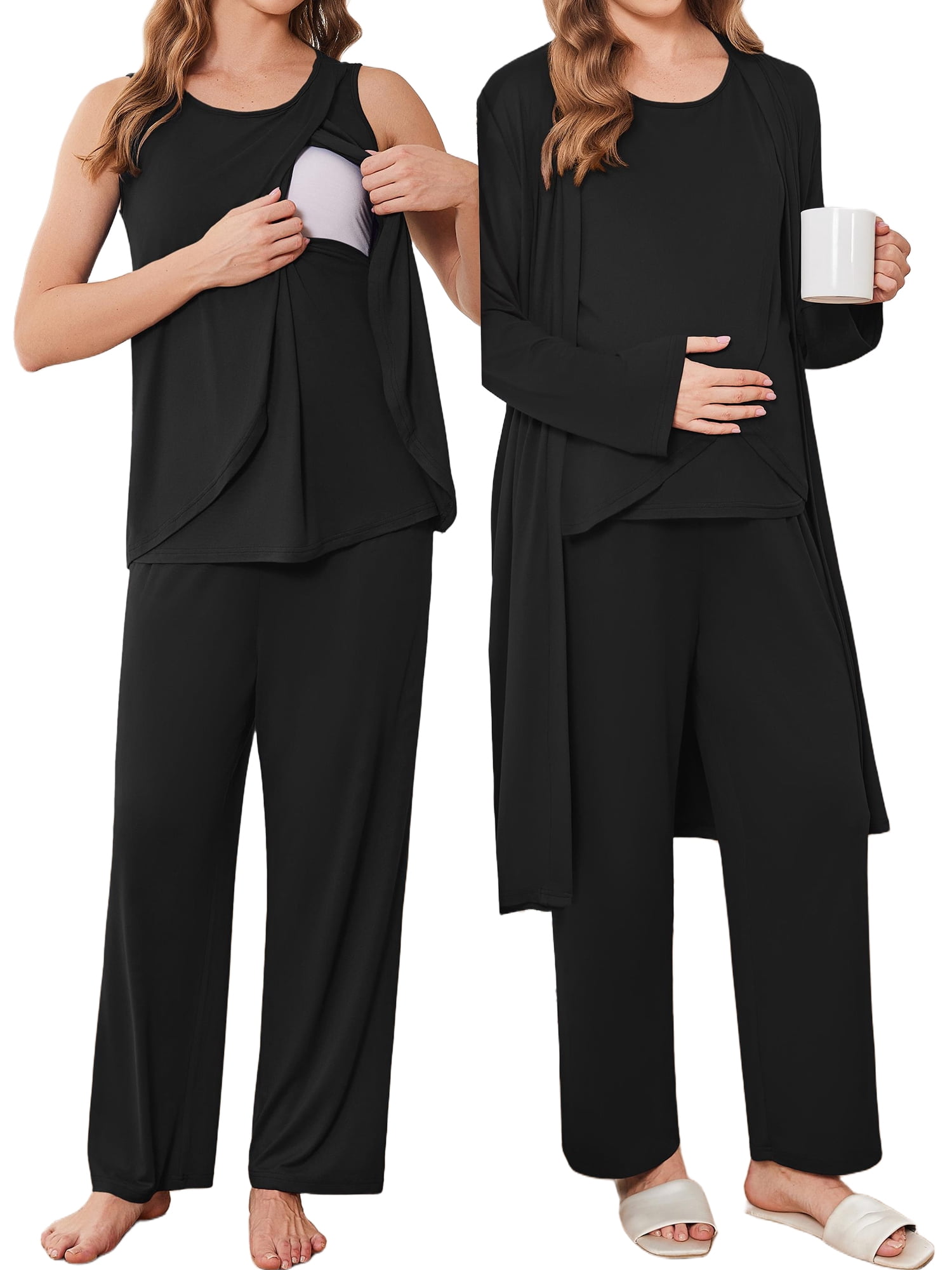 Avidlove Maternity Pajamas and Robe Set 3 Piece Double Layer Sleeveless ...