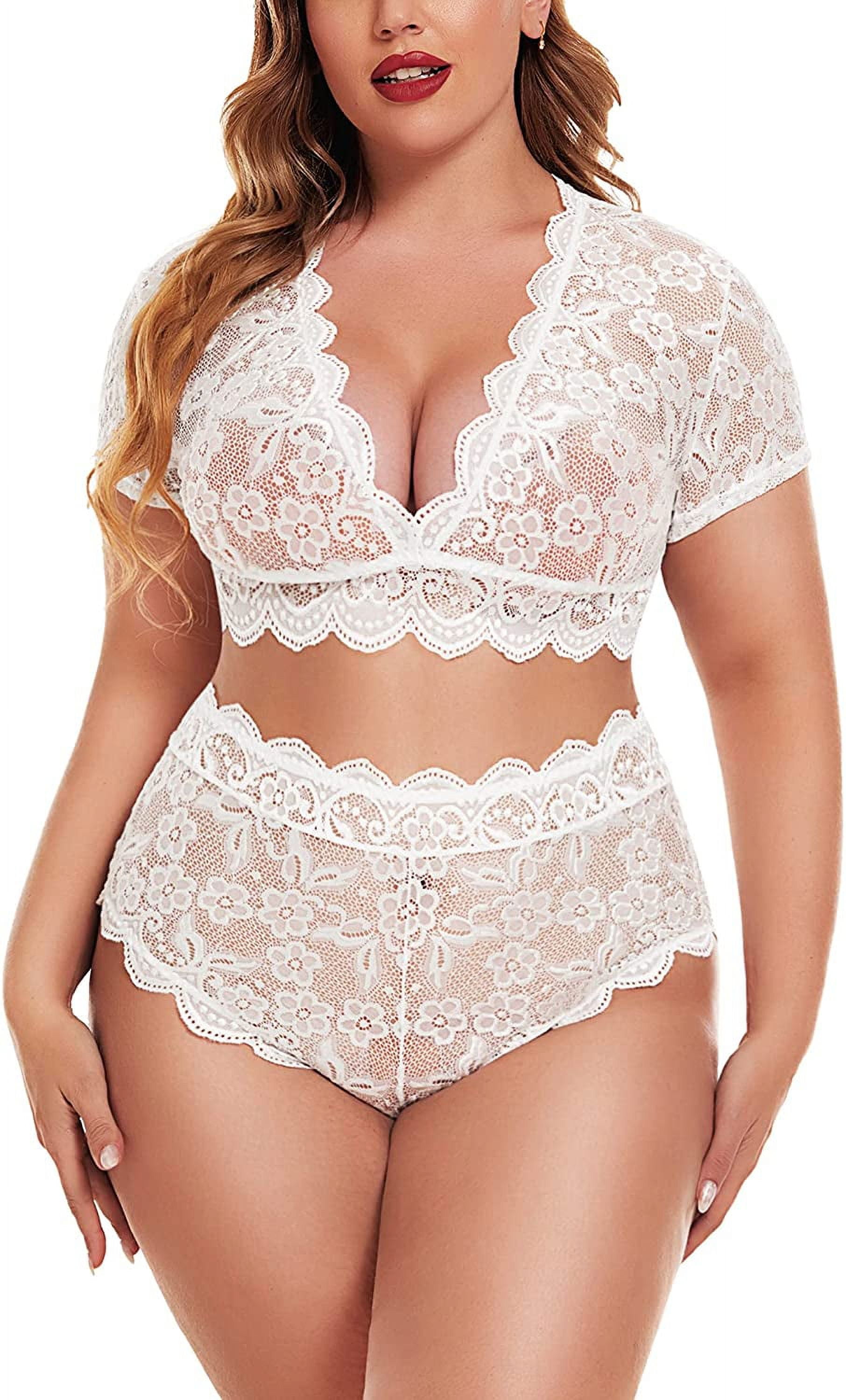 Avidlove Plus Size Lingerie Plus Floral Lace Scallop Trim Lingerie Set