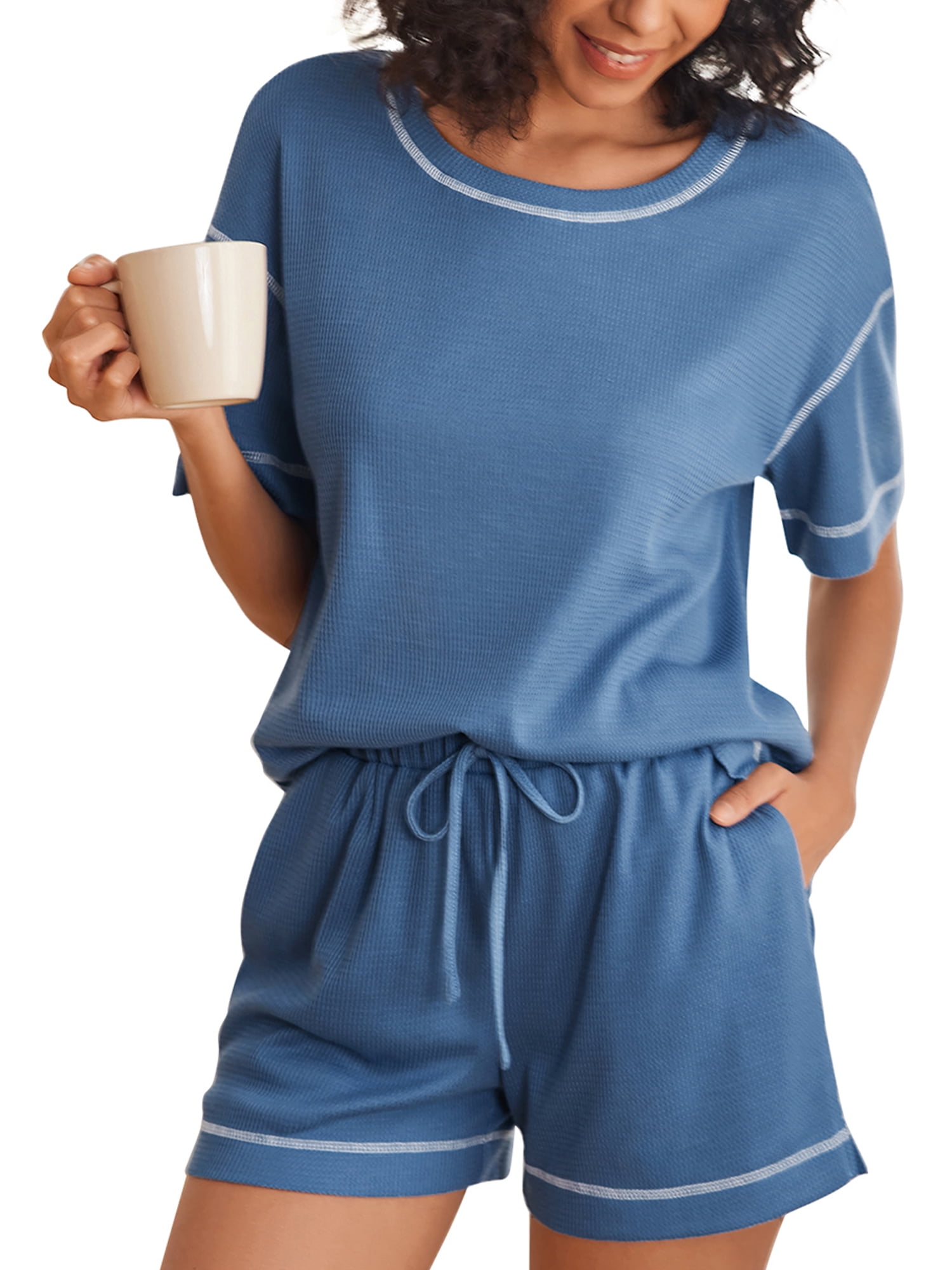Avidlove Waffle Knit Pajamas Set for Women 2 Piece Short Sleeve Lounge ...
