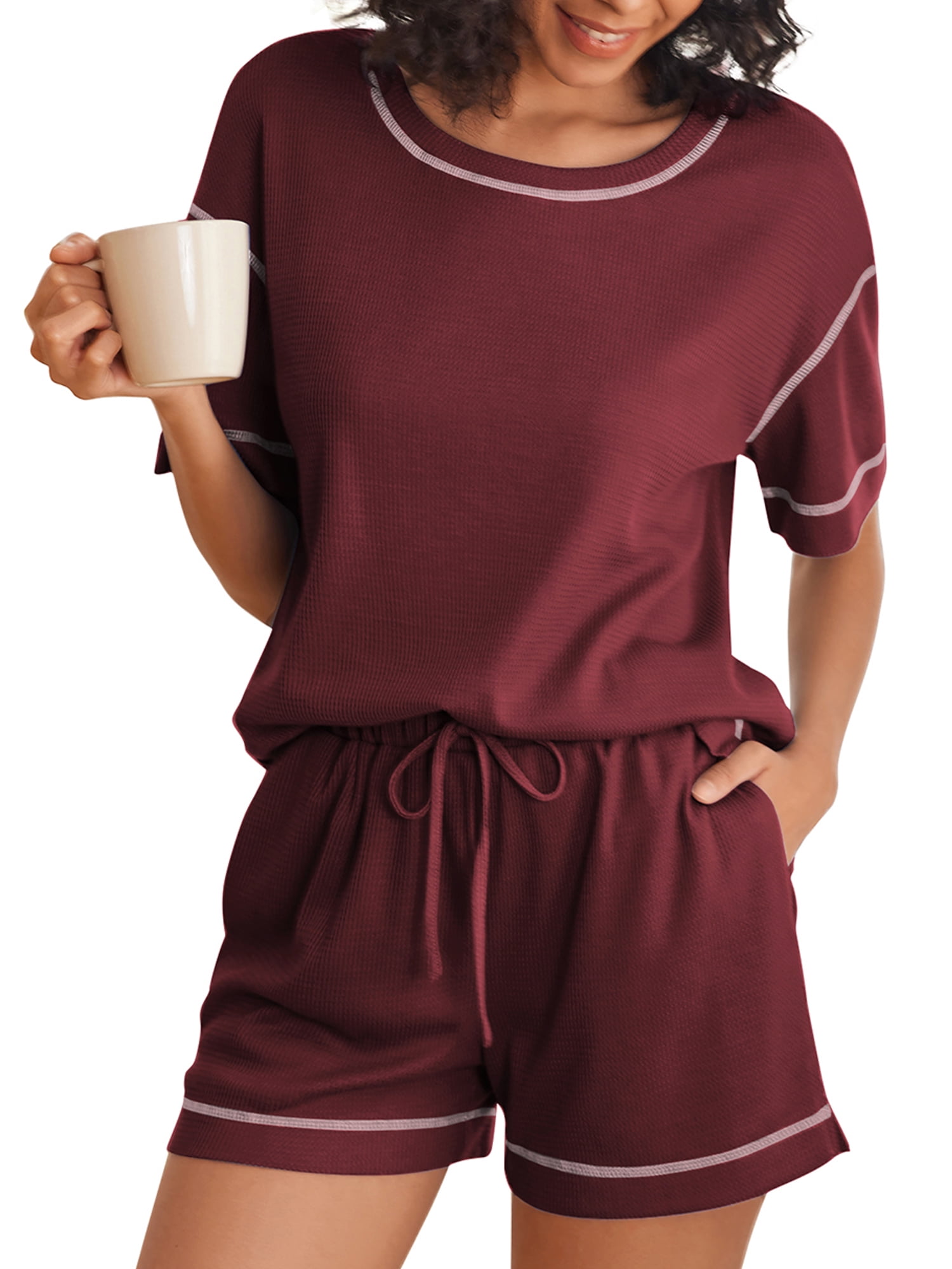 Avidlove Waffle Knit Pajamas Set for Women 2 Piece Short Sleeve Lounge ...