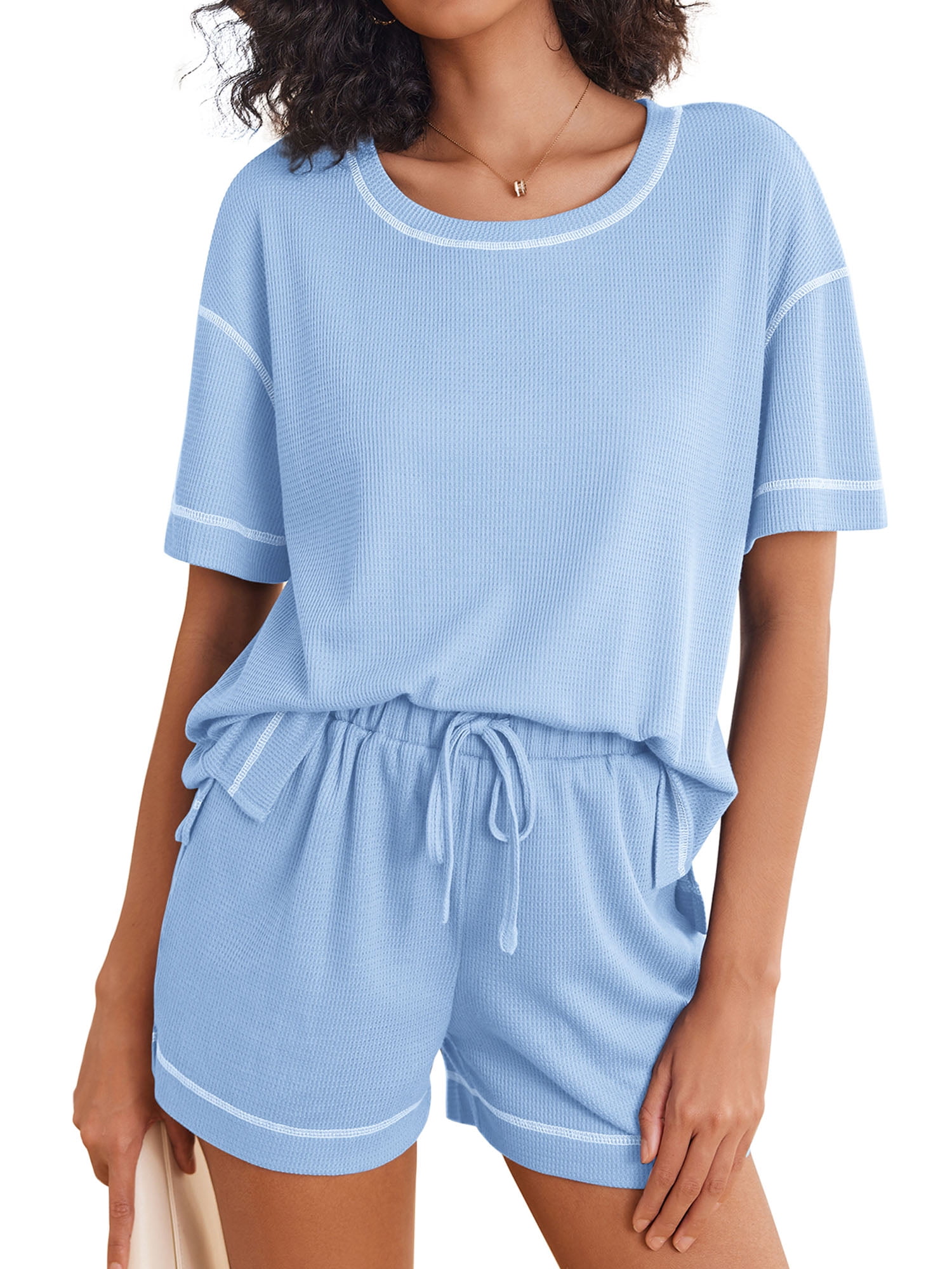 Avidlove Waffle Knit Pajamas Set for Women 2 Piece Short Sleeve Lounge ...