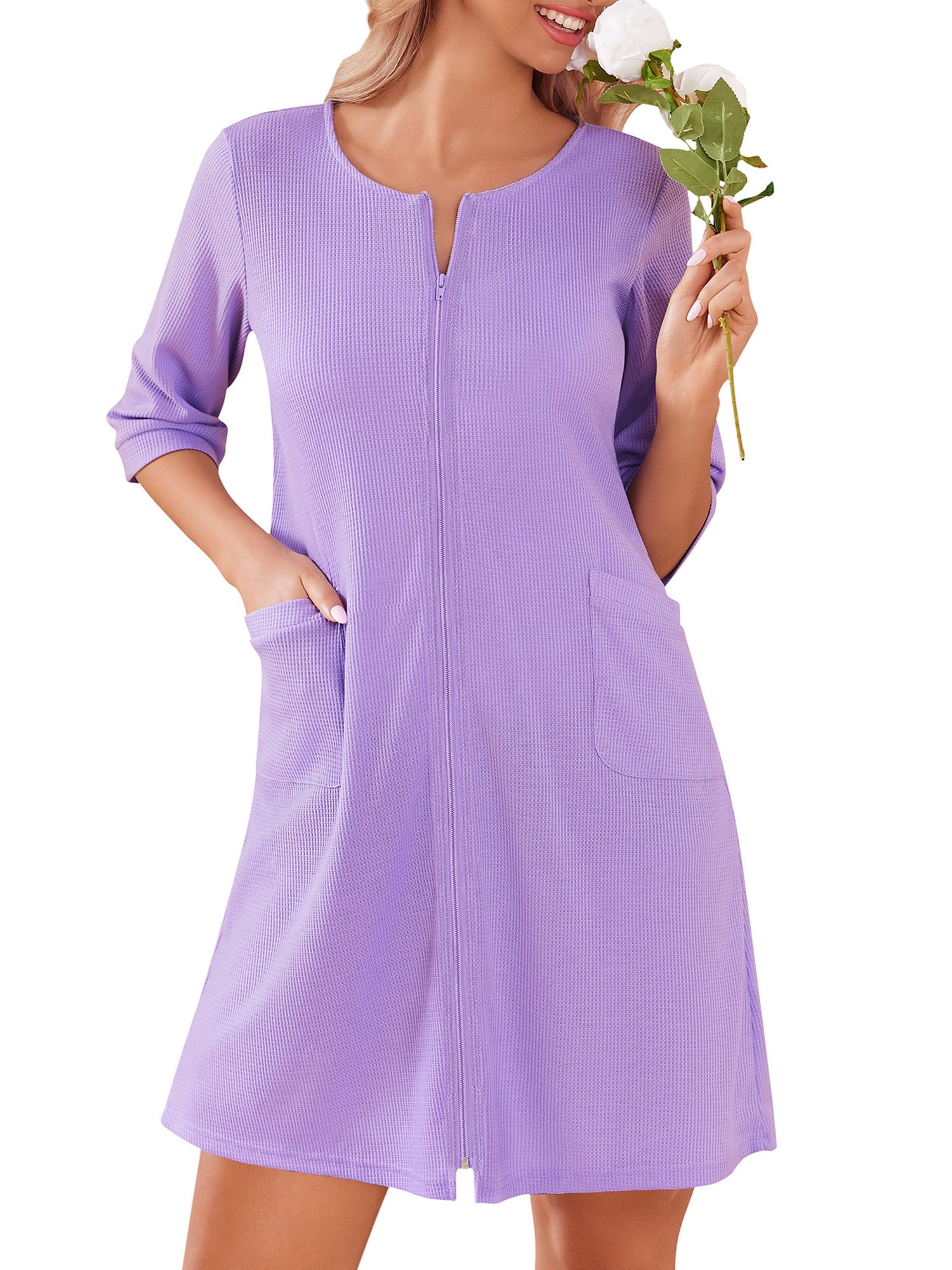 Avidlove Waffle Zip Up Robes for Women 3/4 Sleeve House Coat Knee ...